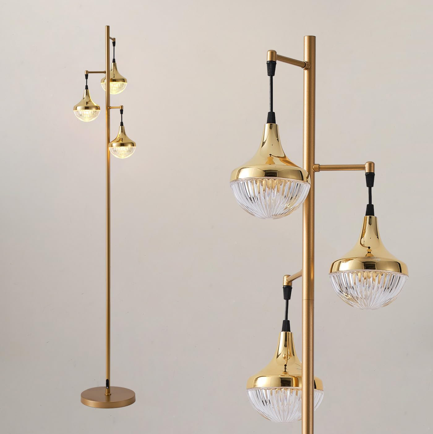 Corrigan Studio® Gold Floor Lamp With 3 Ribbed Shades, 3000K LED Bulb ...