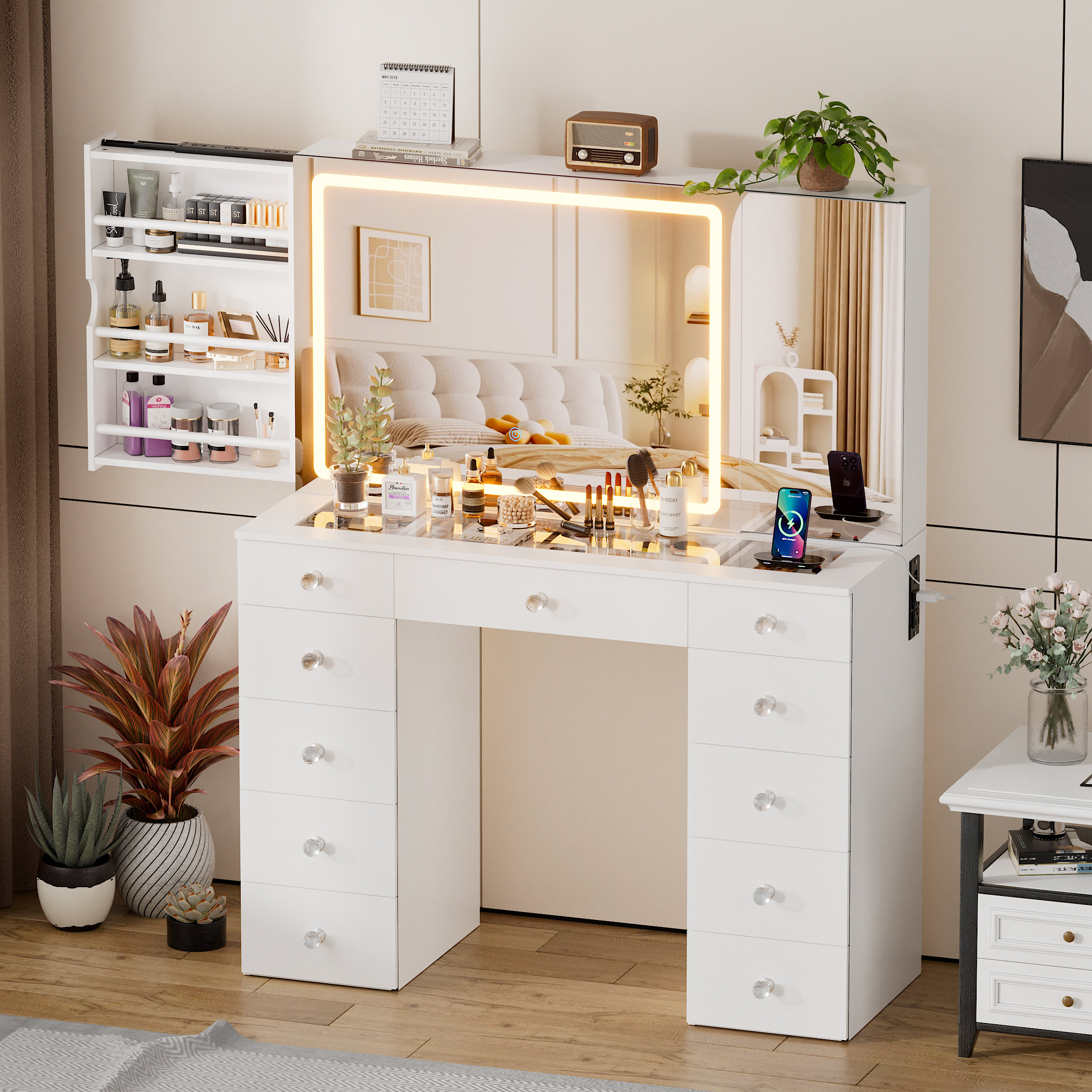 Ivy Bronx 46" Makeup Vanity With Large Led Mirror, Glass Tabletop ...