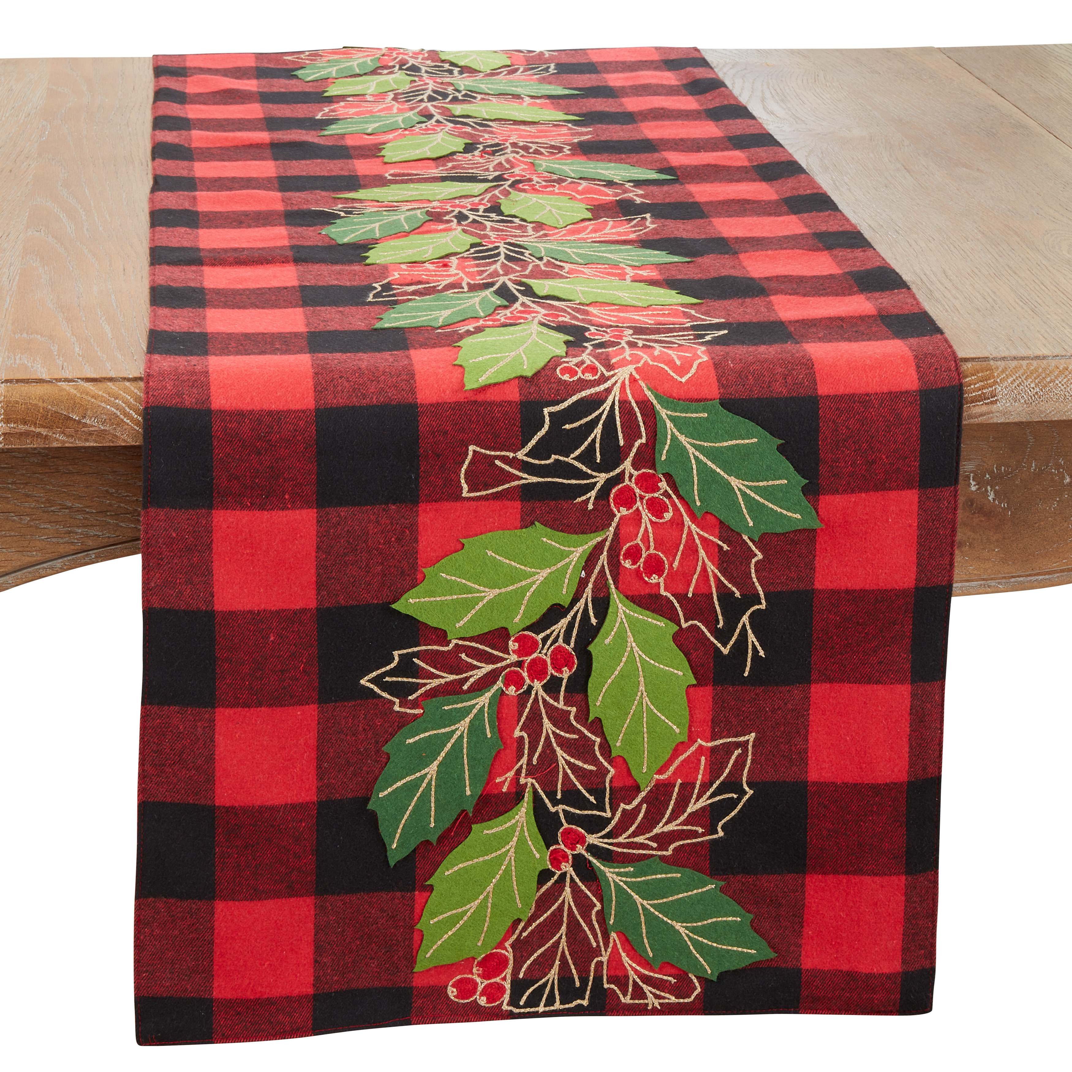 Saro Whimsical Buffalo Plaid Holly Leaves Table Runner | Wayfair