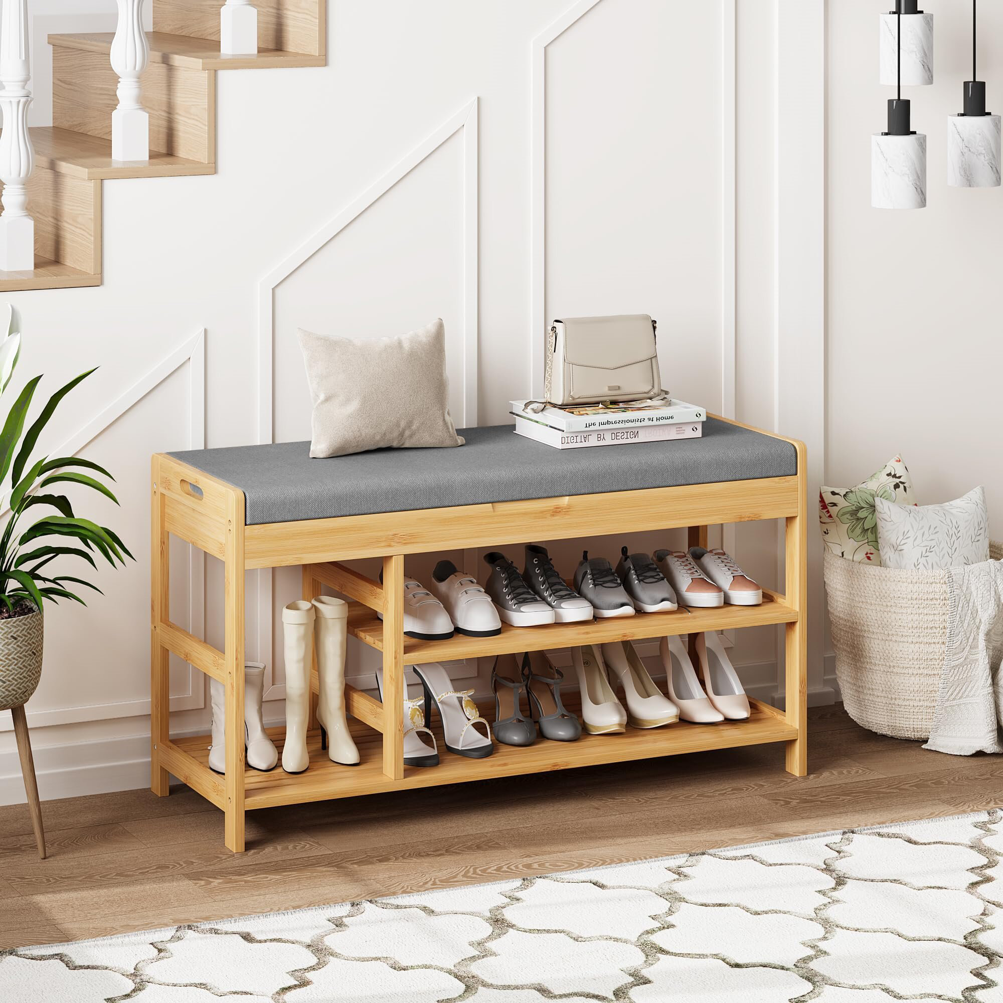 Latitude Run® Bamboo Shoe Bench, Shoe Storage Bench with Cushion ...