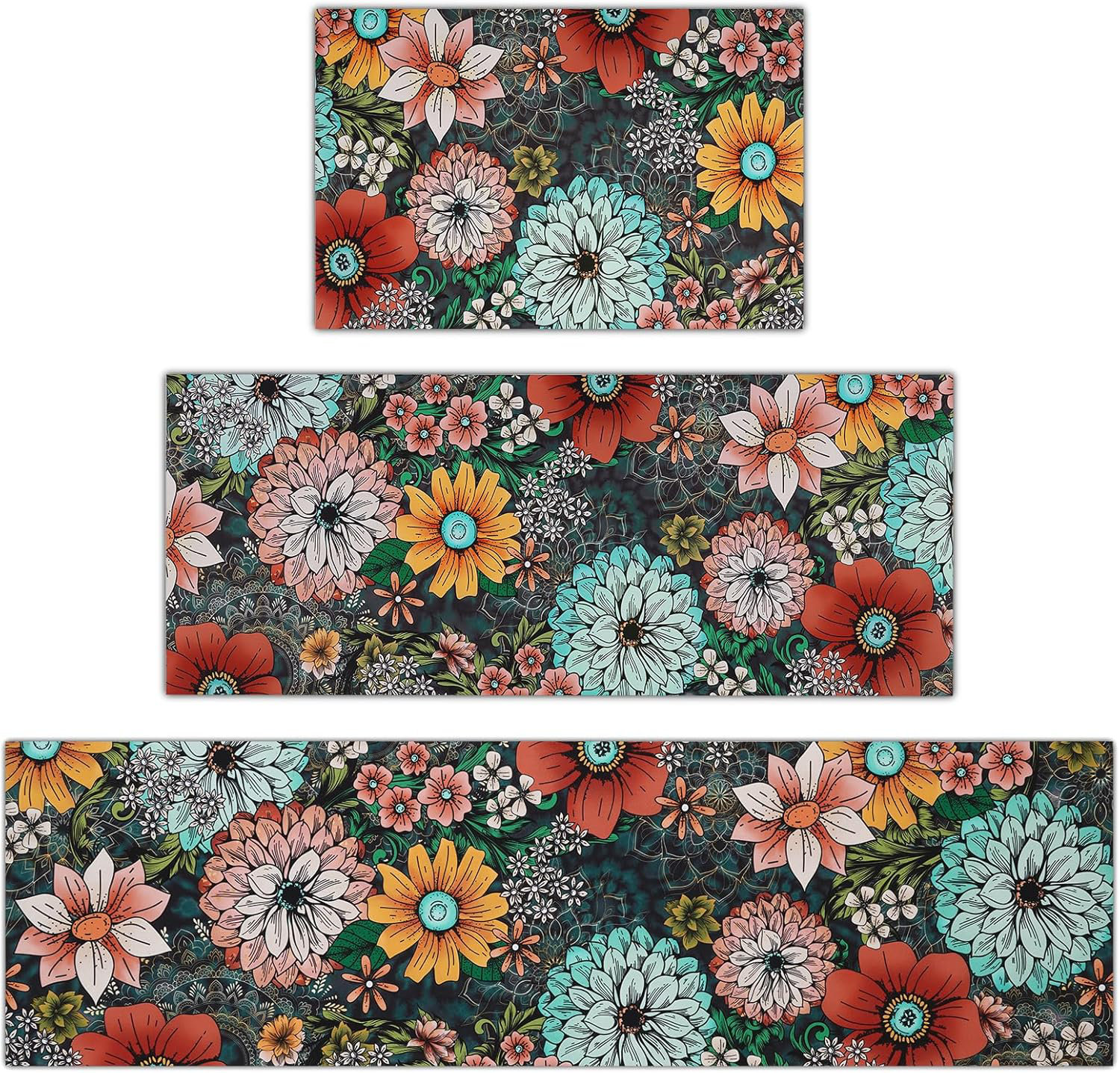 Red Barrel Studio® Kitchen Rug Sets 3 Piece,Colorful Flowers Kitchen ...