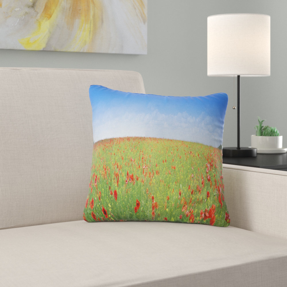 Design Art Poppy Meadow Panorama - Landscape Printed Pillow | Wayfair