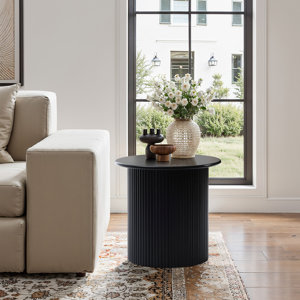 Wrought Studio™ Black Finish Fluted Fir and MDF Wood Accent Round Table ...
