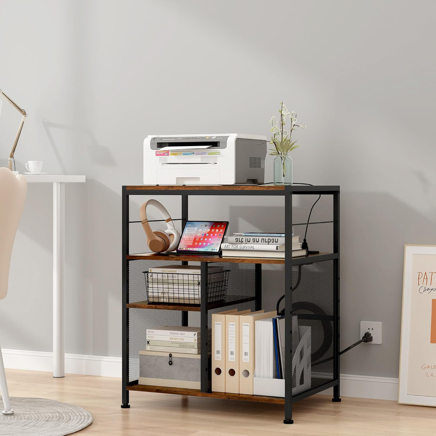 BY Family 4-Tier Printer Stand With Storage Shelf & Power Outlet ...