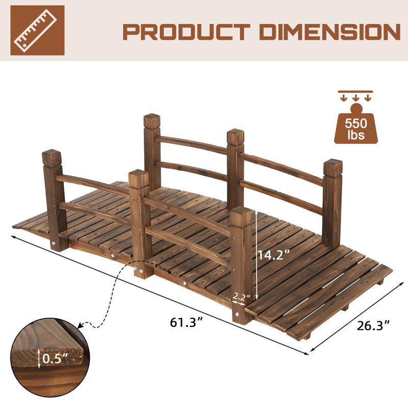 HOMEDIARY Fir Wood Garden Bridge, Outdoor Arc Footbridge Walkway With ...