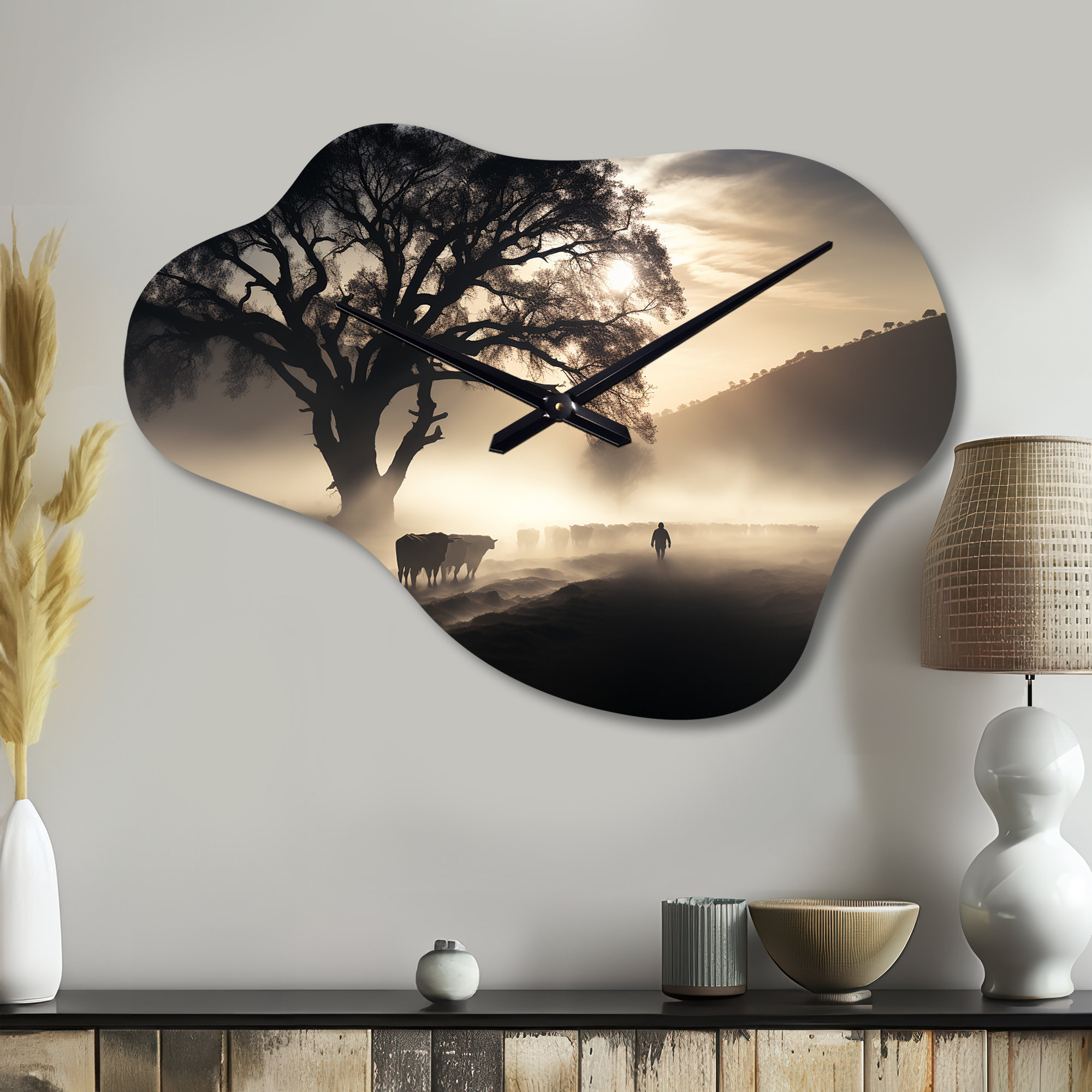 Design Art Cattle Ethereal Grazing I - Beige Cloud Metal Clock, Modern ...