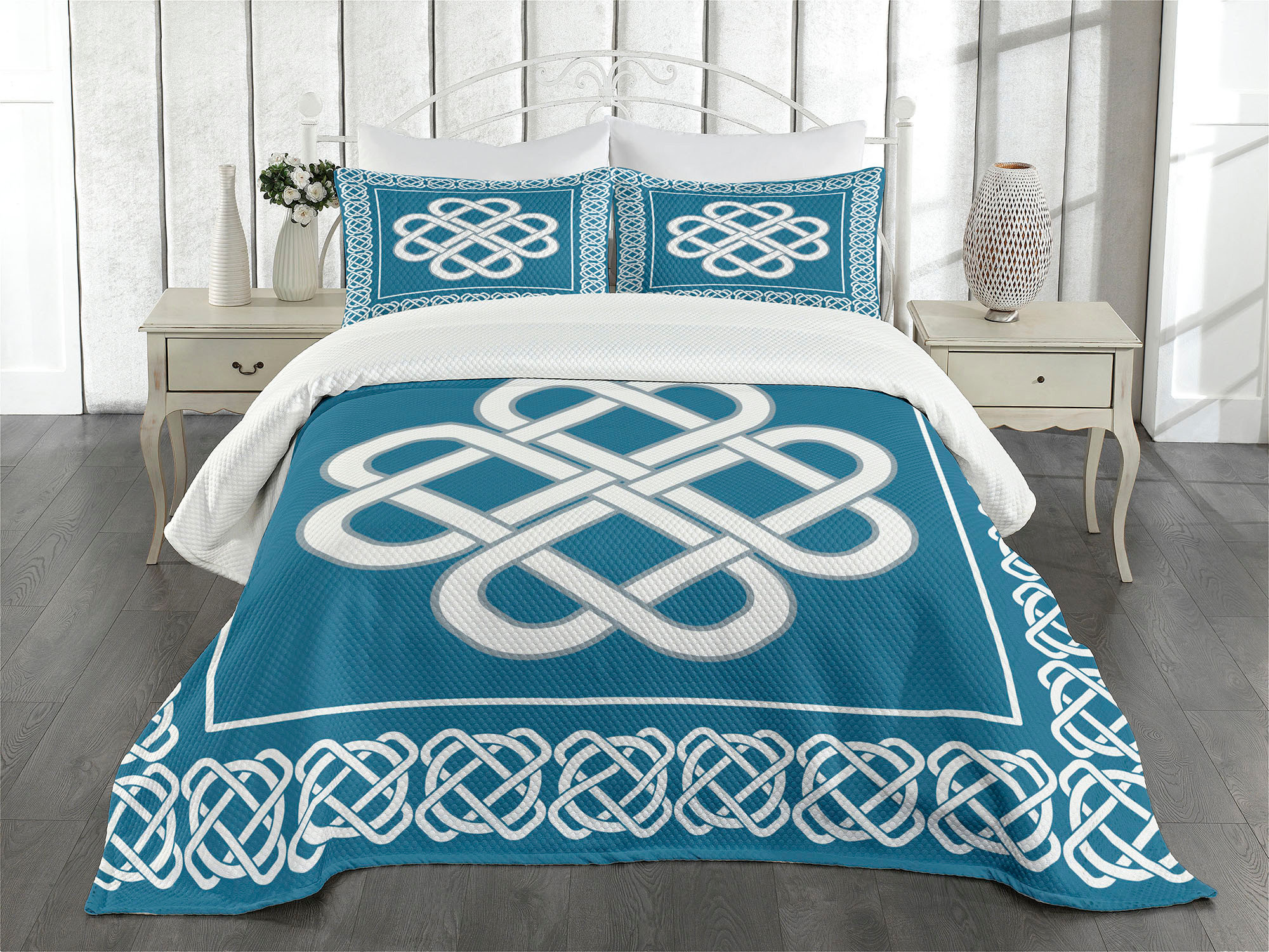 Ambesonne Irish Bedspread Set Celtic Love Knot Dark Aqua White | Wayfair