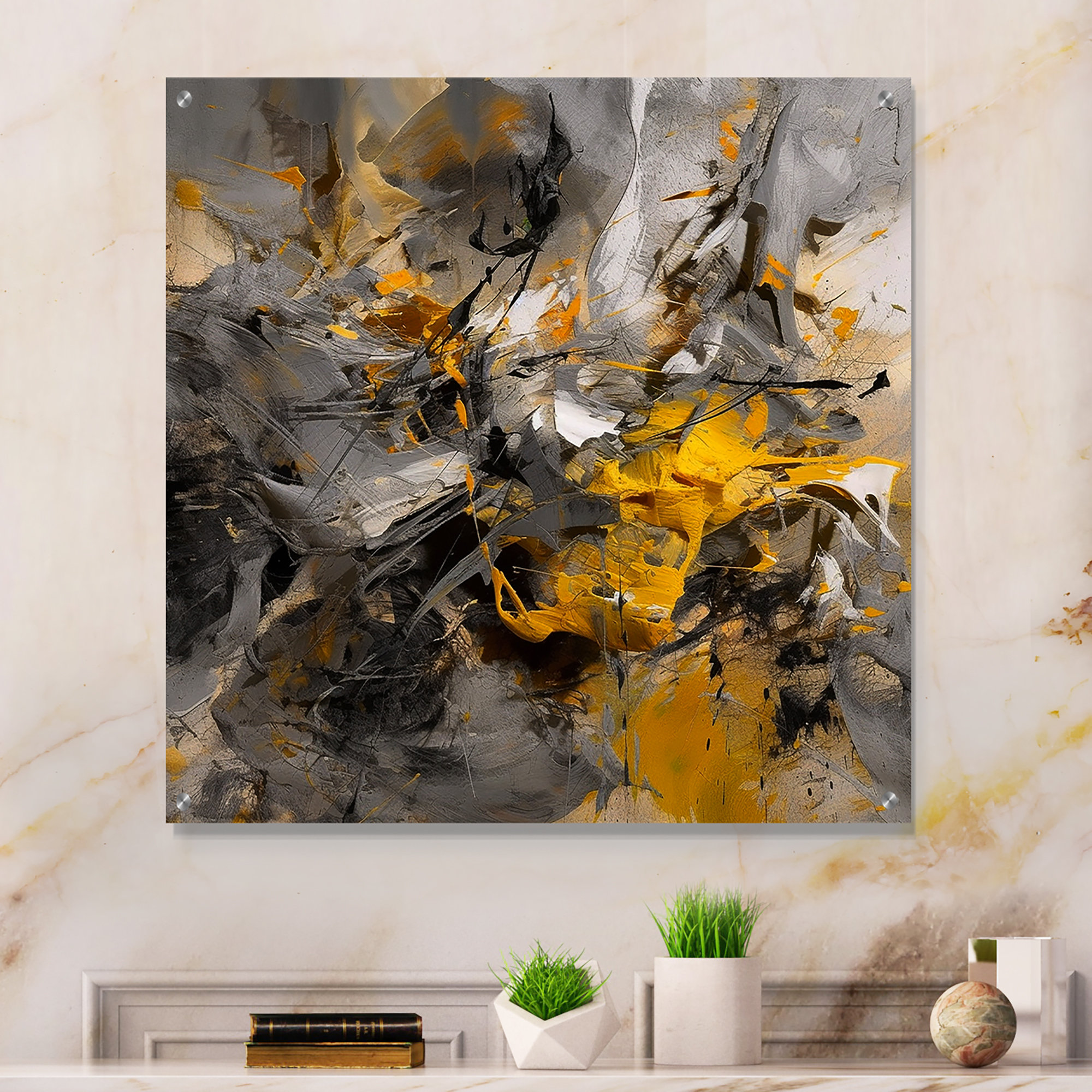 Design Art Mustard Yellow And Vivid Gray III - Abstract Acrylic Wall ...