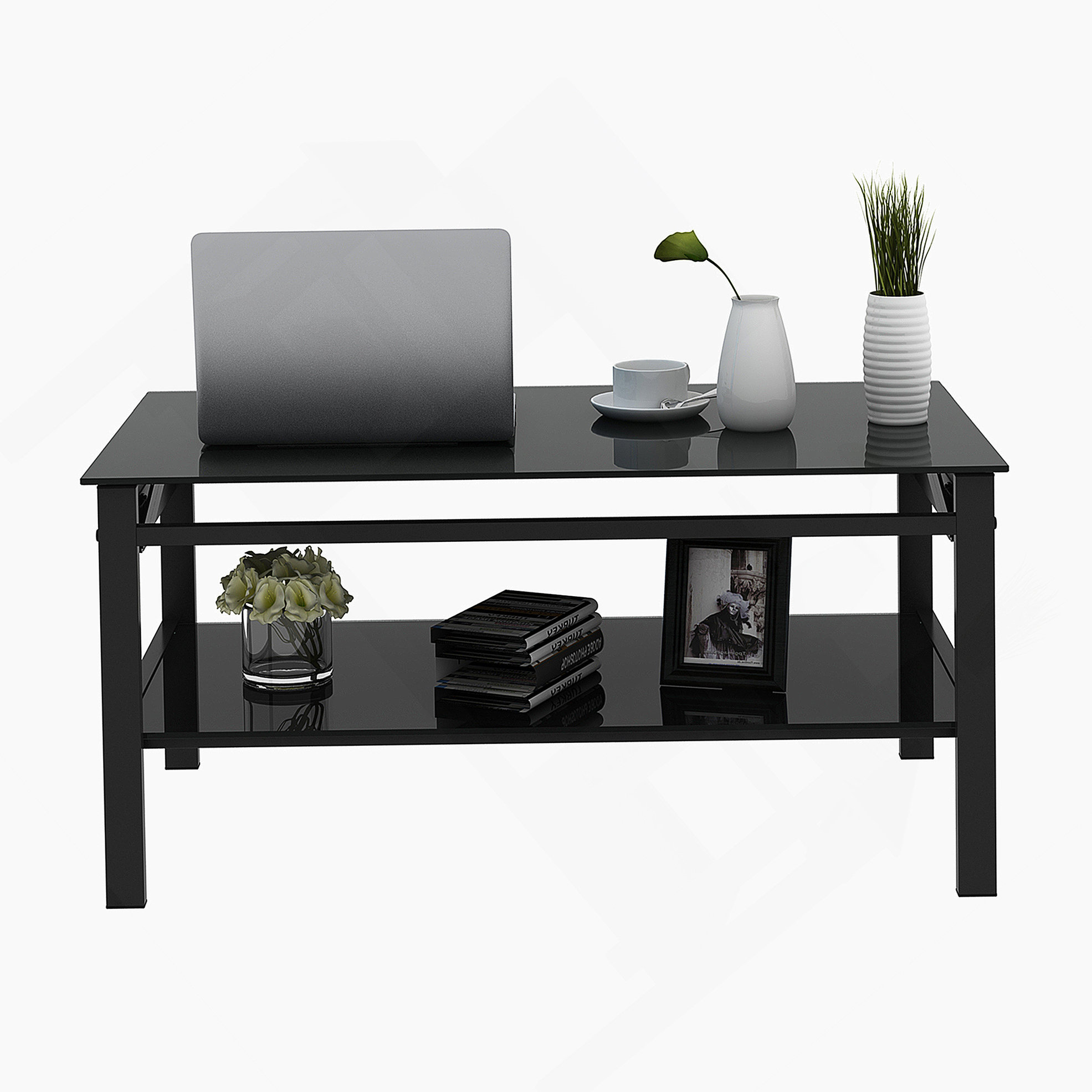 Ebern Designs Rectangular Coffee Table With Glass Table Topand Shelf ...