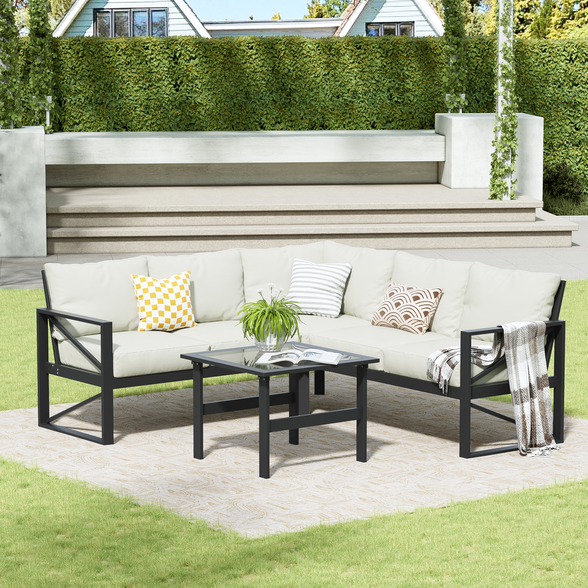Ebern Designs Outdoor Patio Conversation Sets, L Shaped Aluminum ...