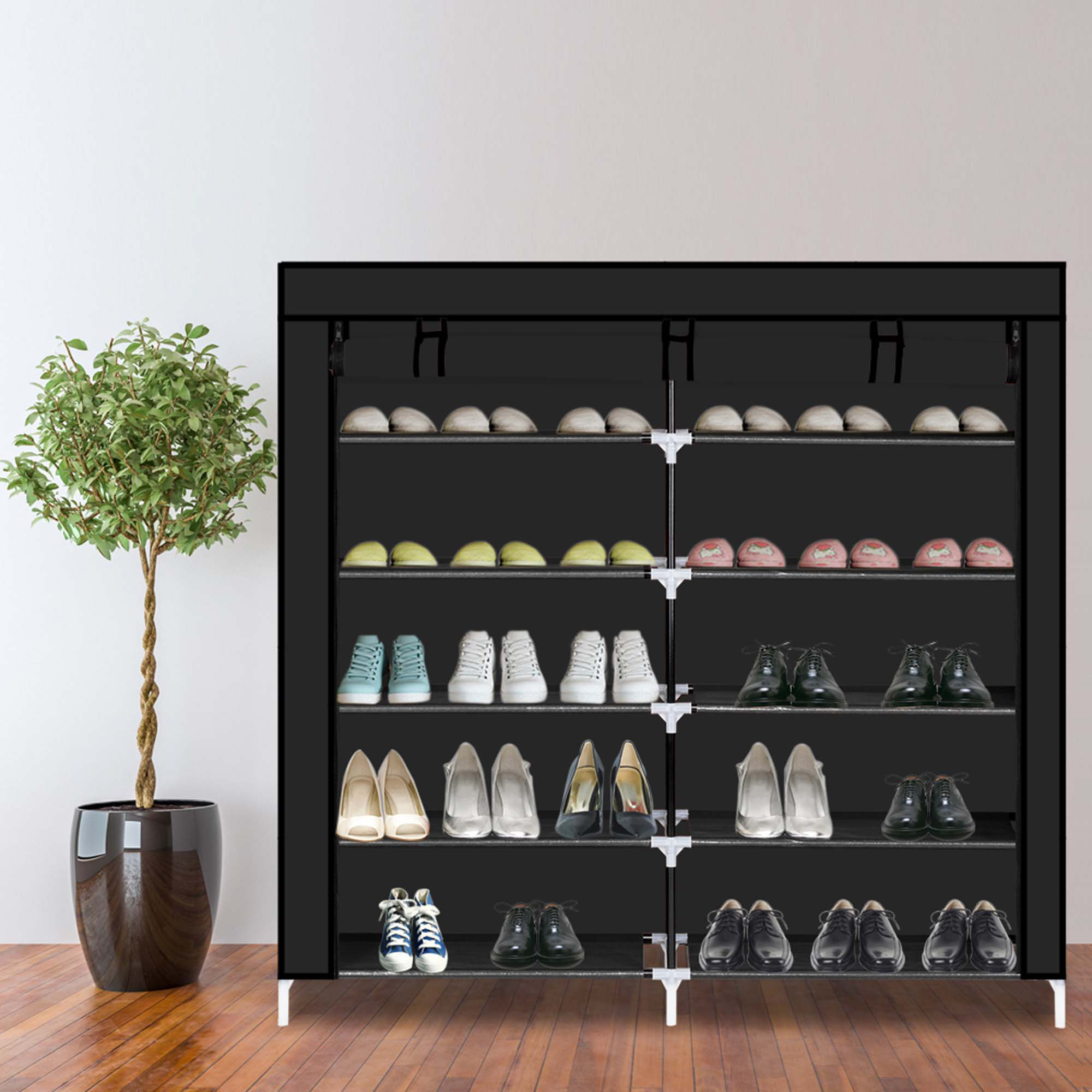 Rebrilliant 7 Tiers Portable Shoe Rack Closet Fabric Cover Shoe Storage ...
