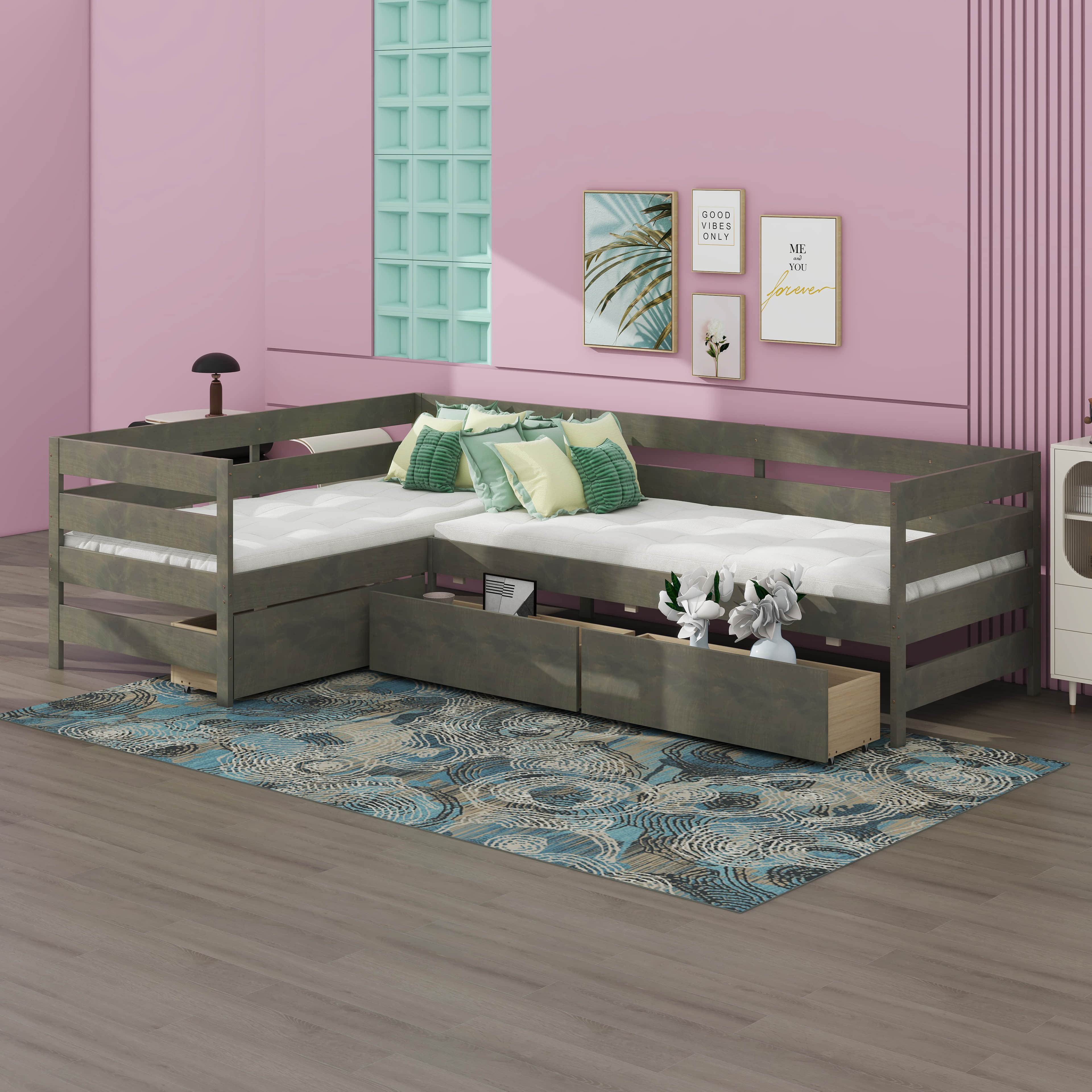 Red Barrel Studio® Twin L-Shaped Bed With Three Storage Drawer | Wayfair