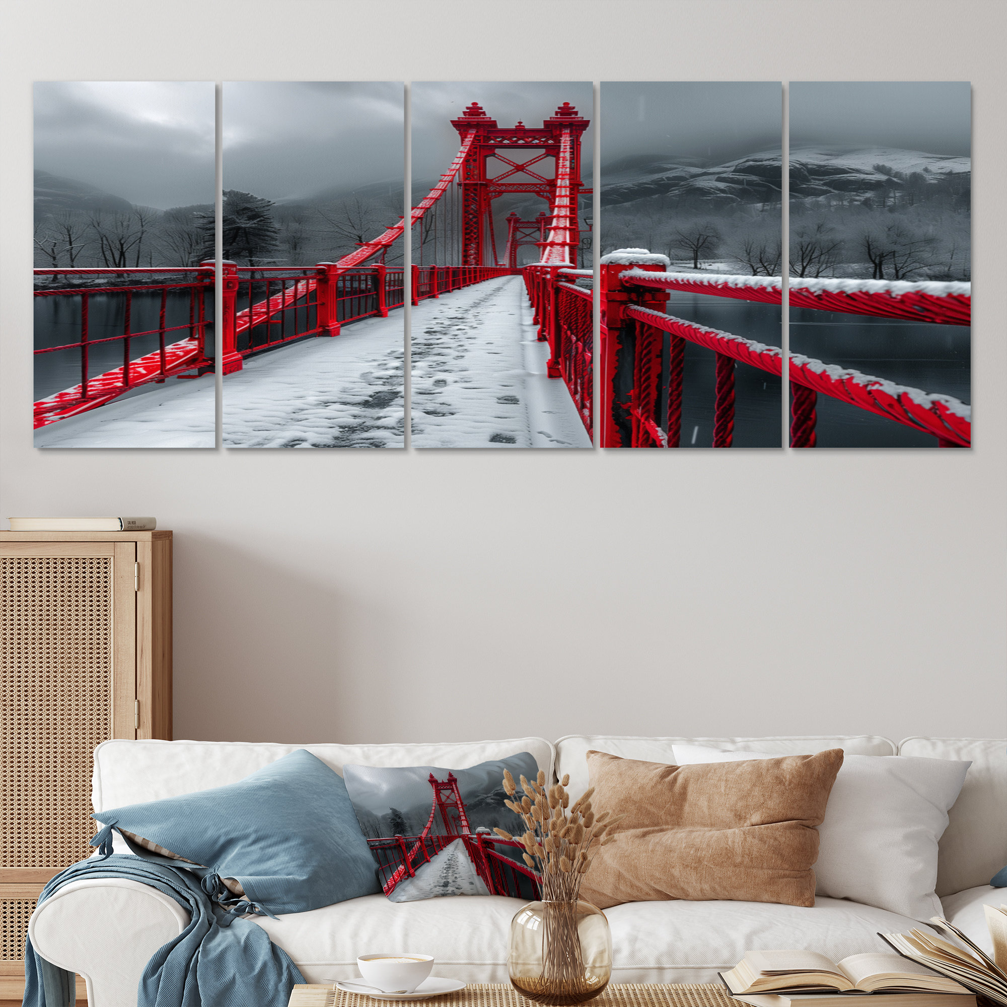 Design Art Red White Winter Walkway Bridge - Bridges Wall Art Set | Wayfair