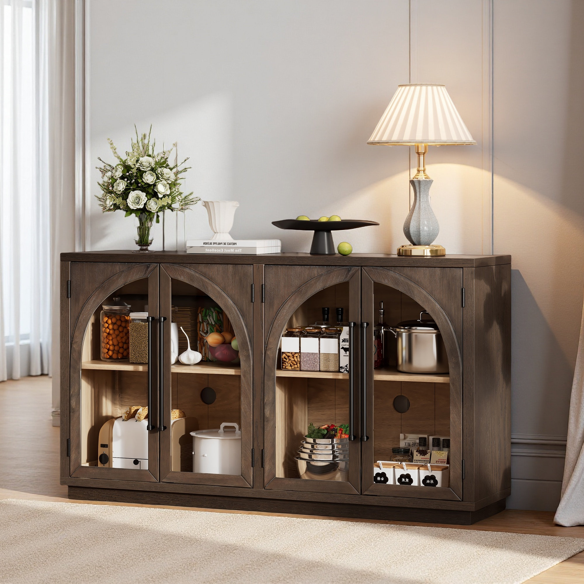 Ebern Designs 4-Door Large Storage Sideboard Buffet Cabinet With Glass Doors, Arched Cabinet ...