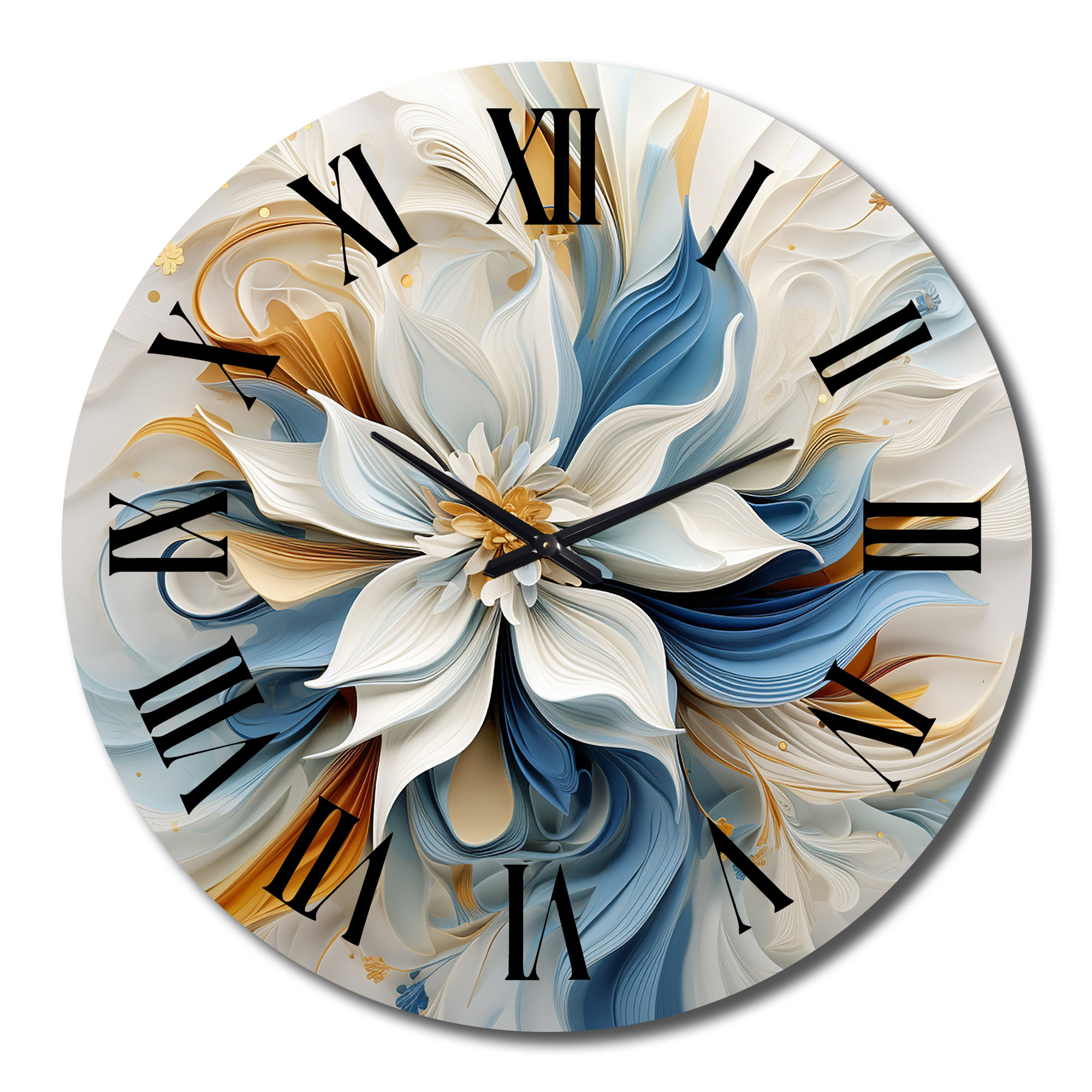 Design Art Abstract Blooming Magnolia White Amber Blue Metal Wall Clock ...
