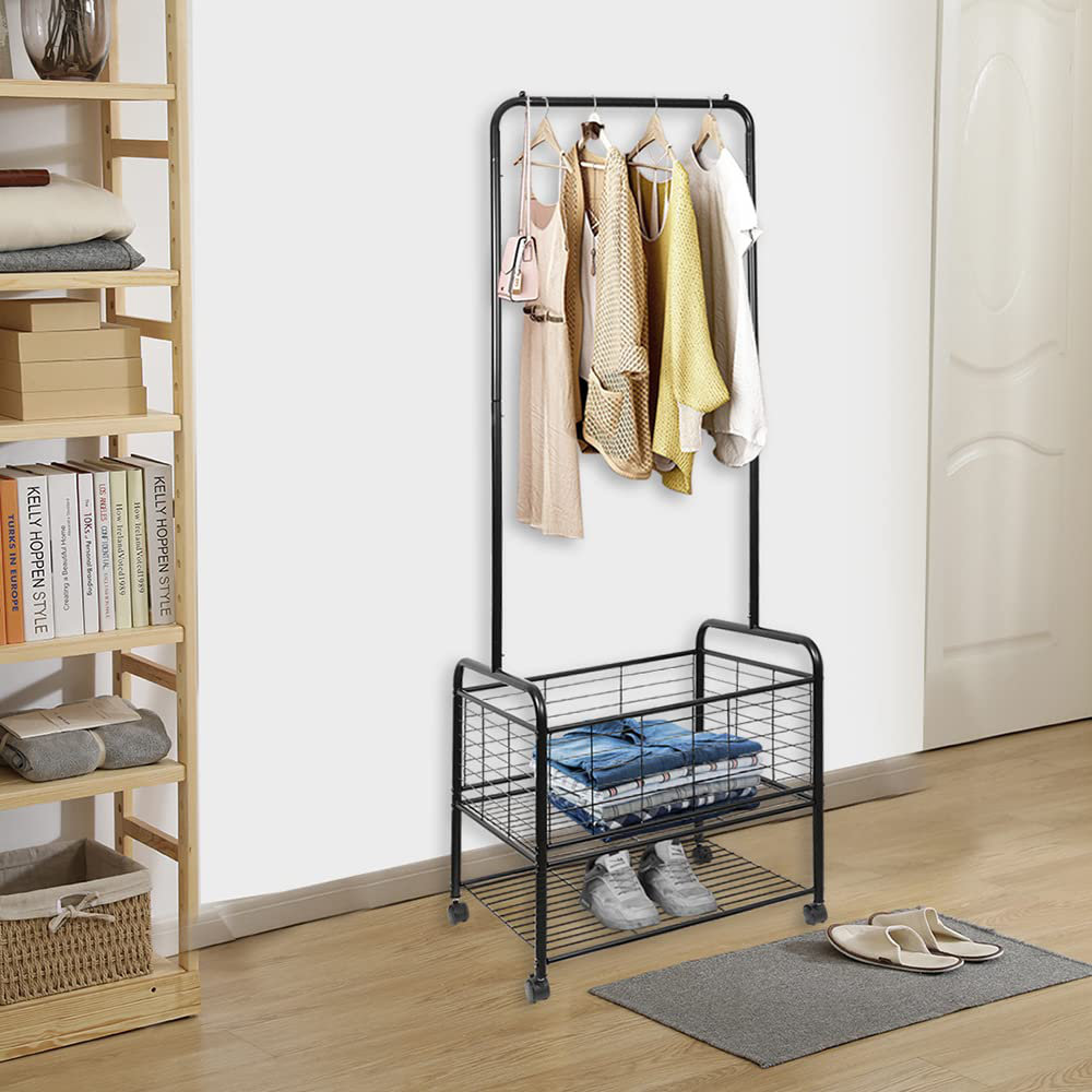 Rebrilliant Portable Clothing Rack With Storage Wire Basket - Durable ...