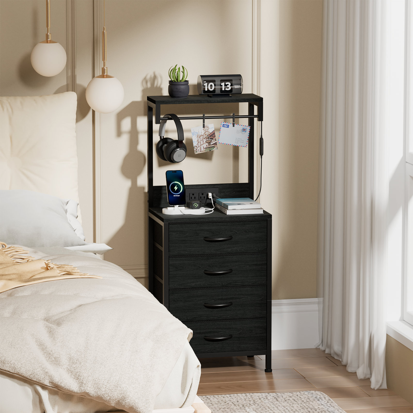 Furco Nightstand Side Table with USB Port Charging, 4 Drawers, Storage ...