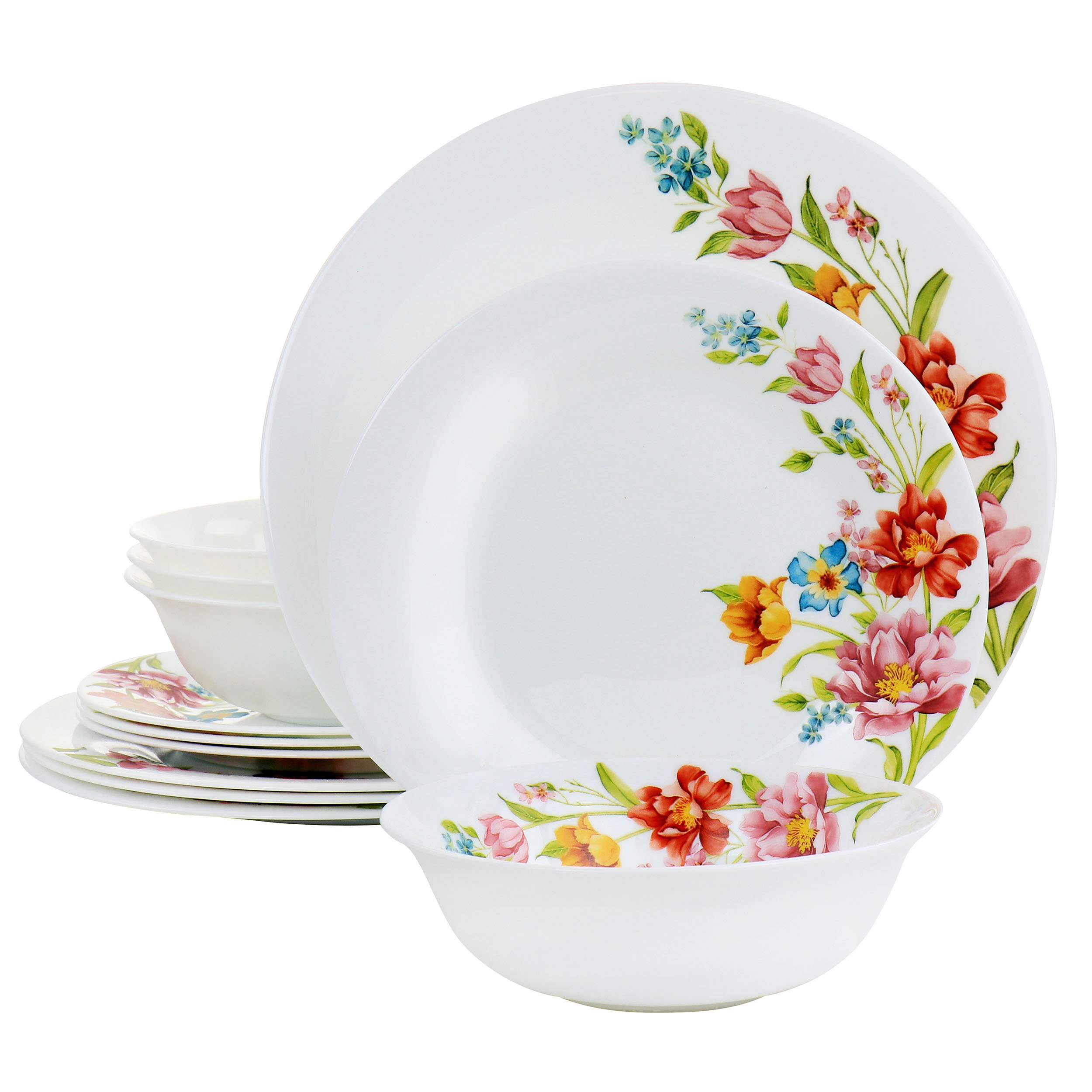 Gibson Ultra Blooming Rose 12 Piece Tempered Opal Glass Dinnerware Set ...