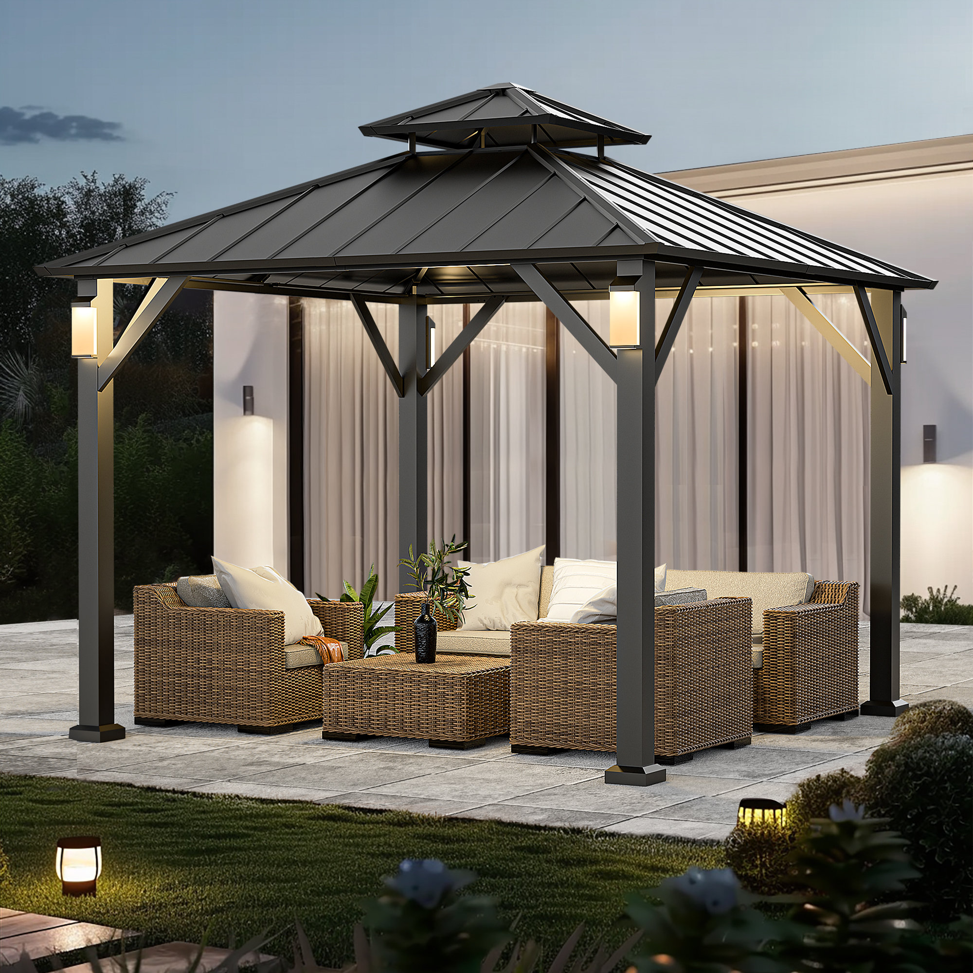 Moda Furnishings Galvanized Steel Outdoor Patio Hard Top Gazebo With ...