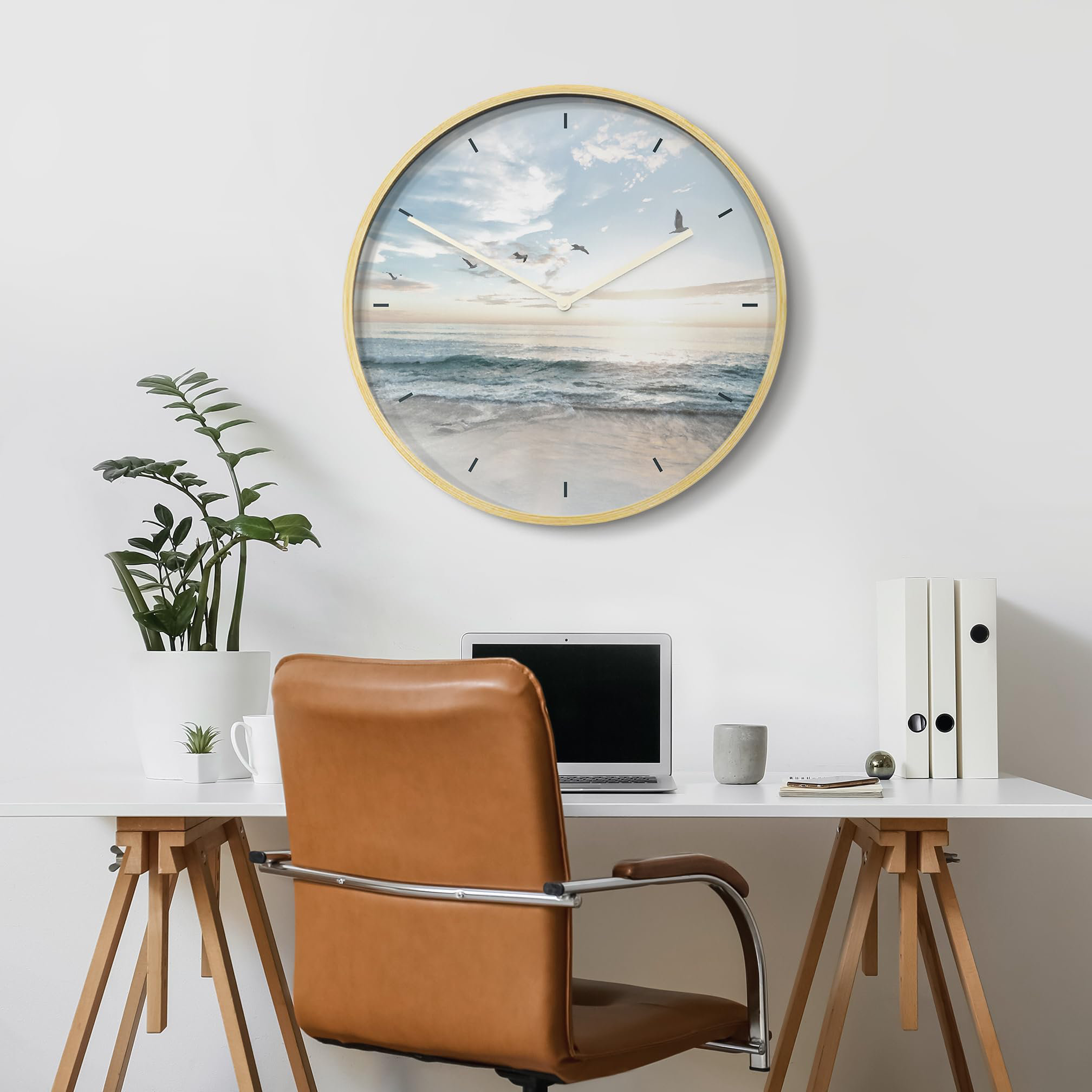 SIGNLEADER Coastal Beach Landscape Clock Decor Wooden Large Wall Clock ...
