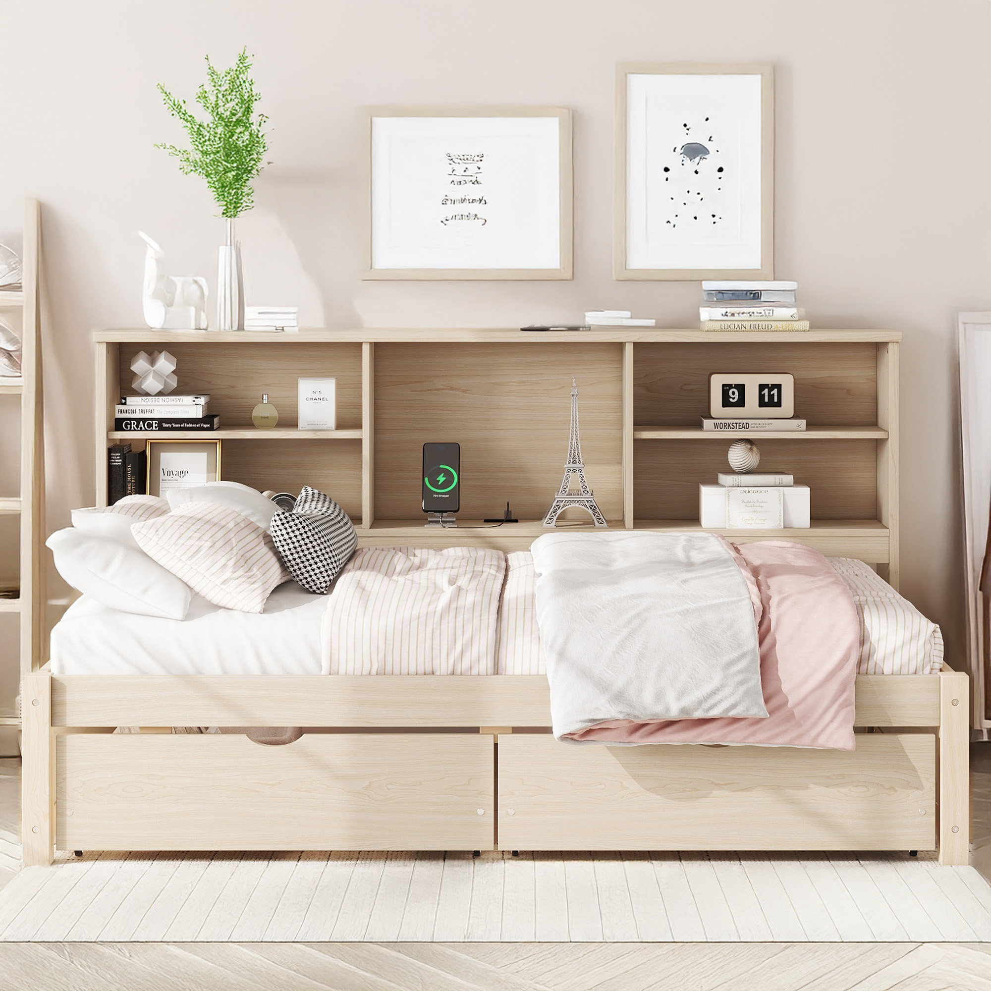 Decopom Twin Size Bed Frame With Side Bookshelves | Wayfair