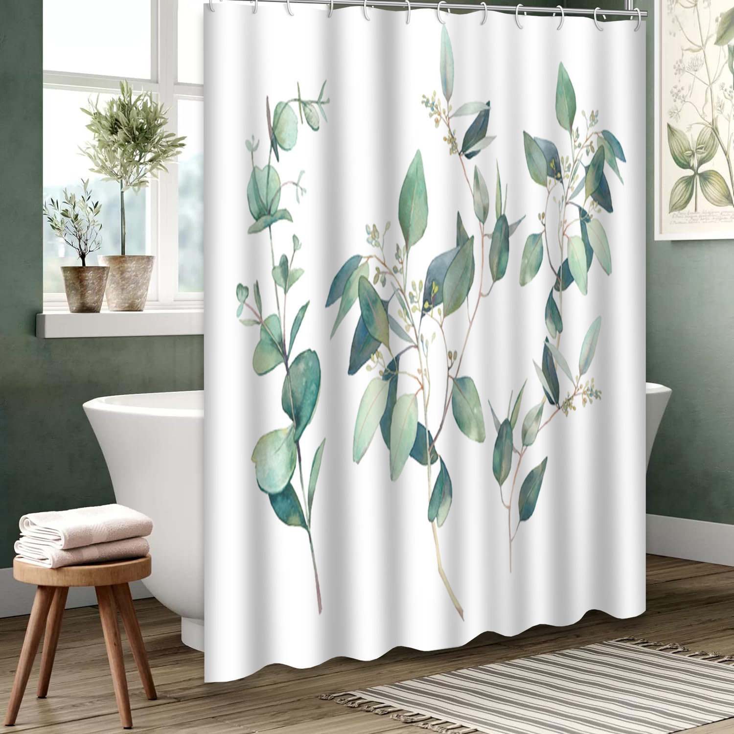 East Urban Home Eucalyptus Leaves Waterproof Shower Curtain,Watercolor ...