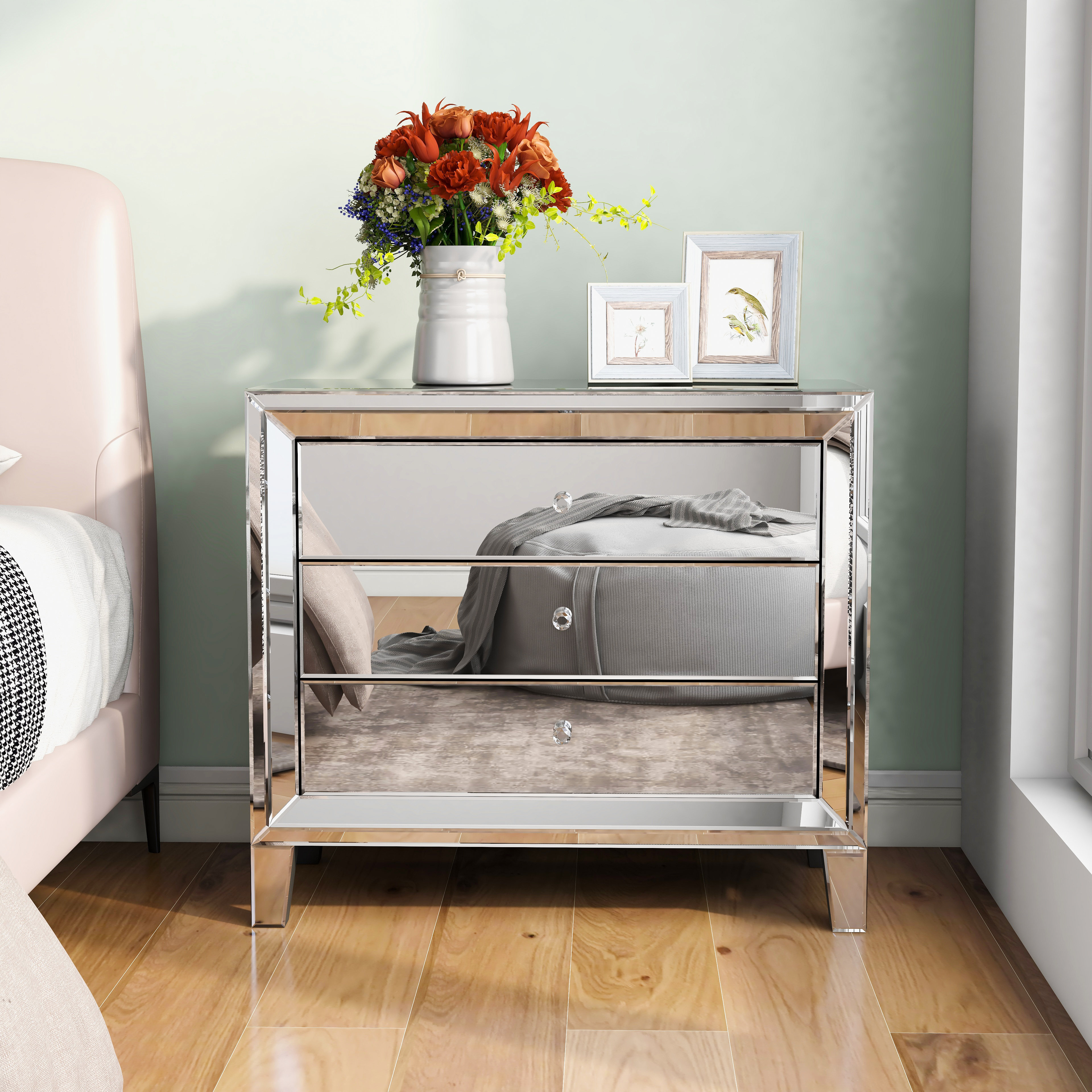 Everly Quinn Yolanta 33" Mirrored Glass Nightstand with 3 Storage ...