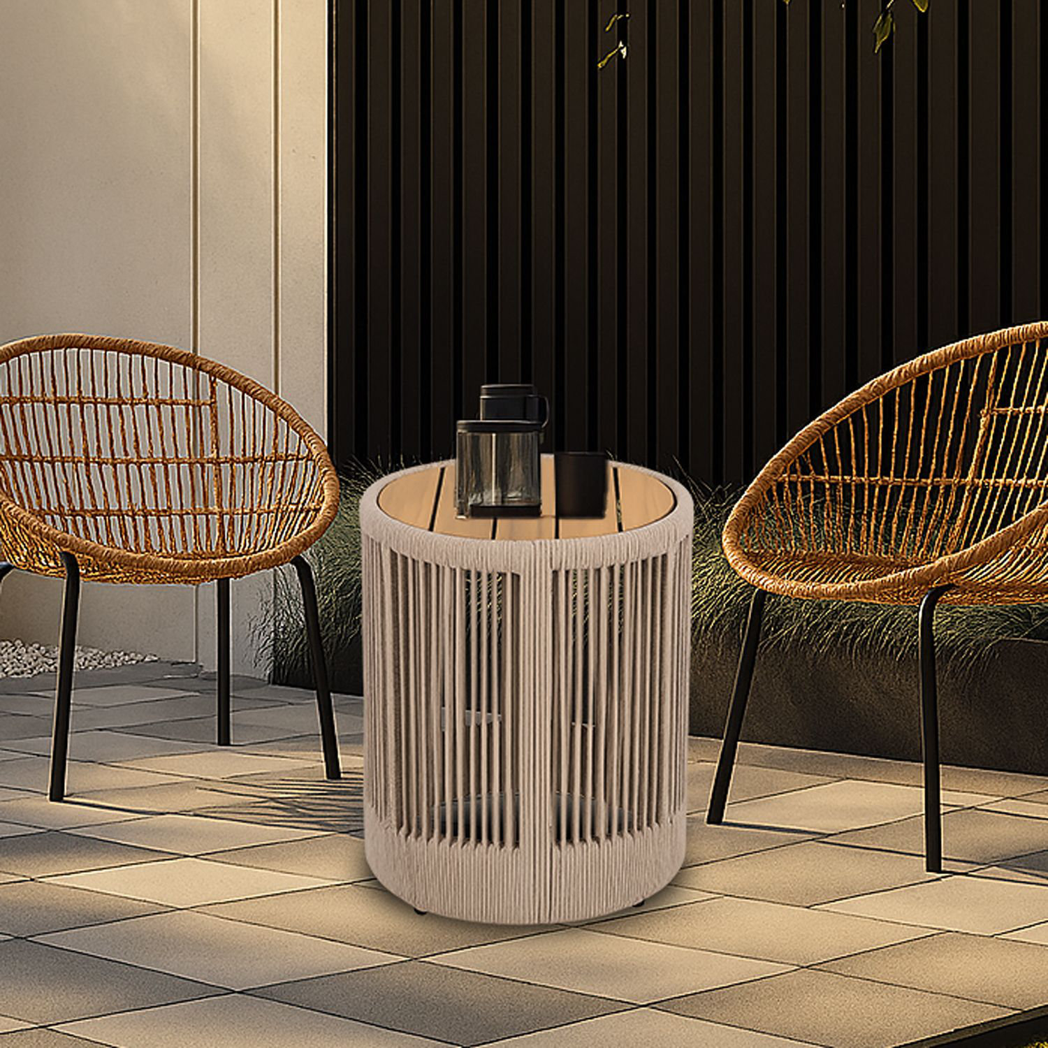 Dakota Fields Boho Rope-Wrapped Outdoor Side Table Round Accent Table ...