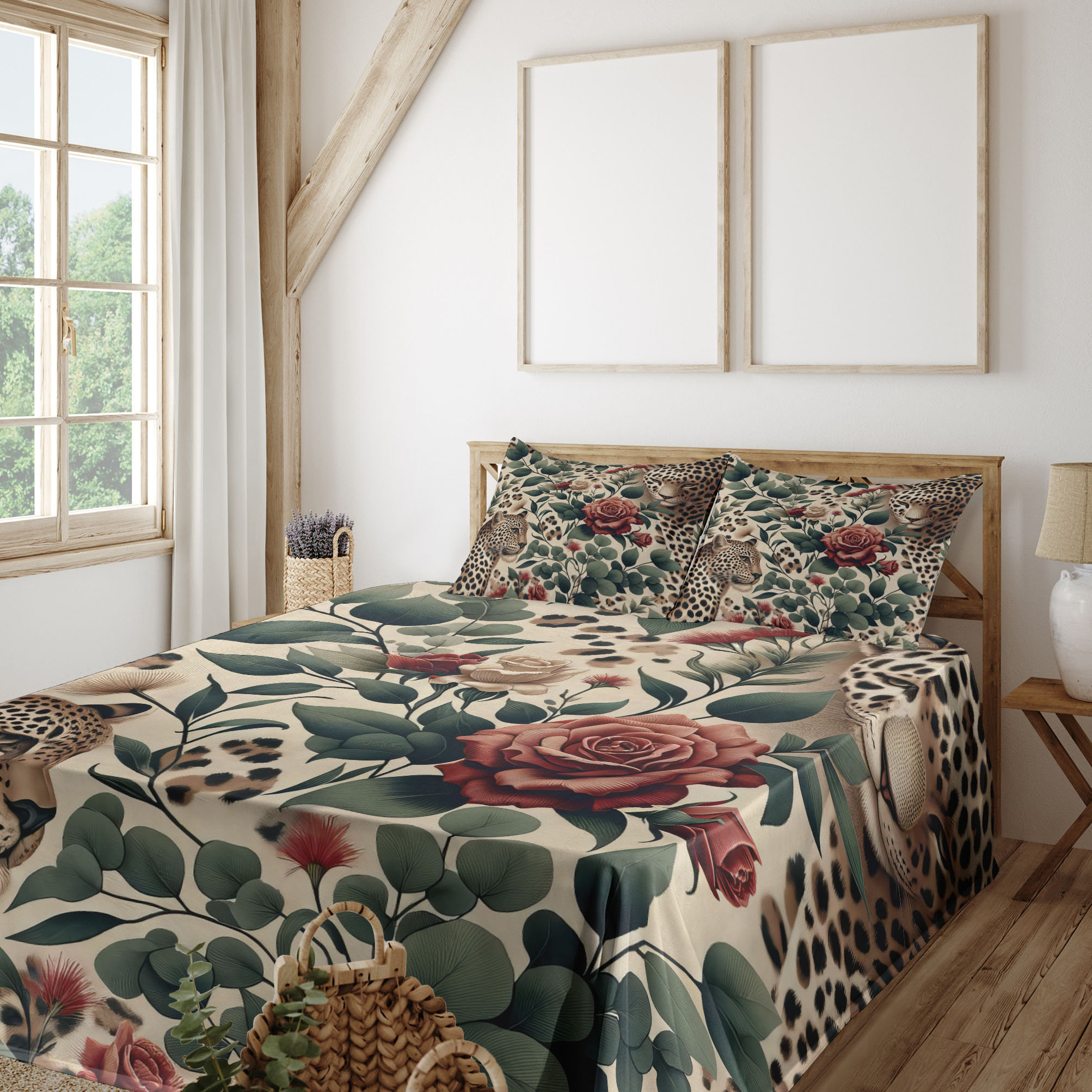 Ambesonne Leopard Sheet Set Roses Leaves Wild Animals Peacock Green and ...