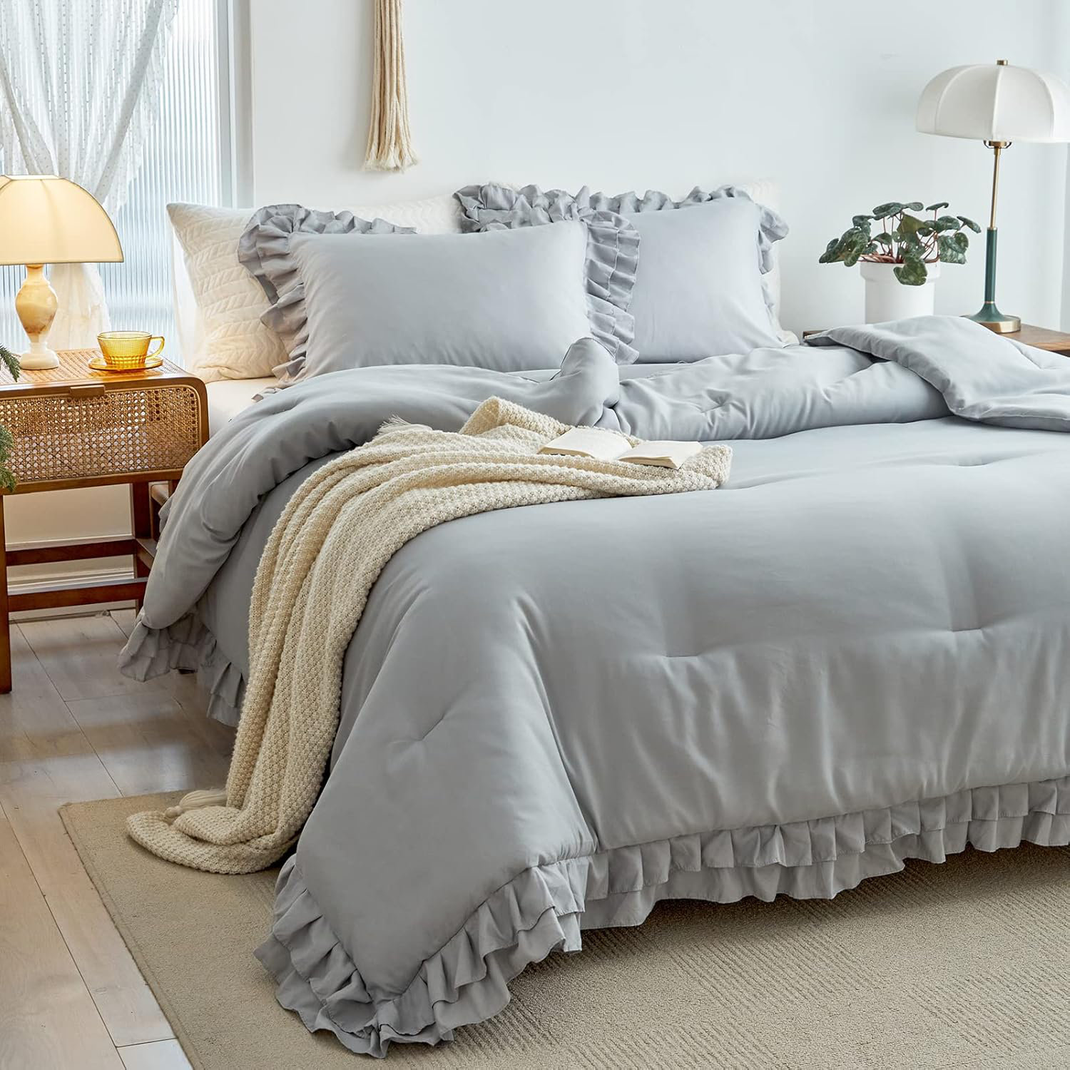 BEFIHO Grey Ruffled Comforter Set Twin Size, 3 Pieces (1 Ruffled ...