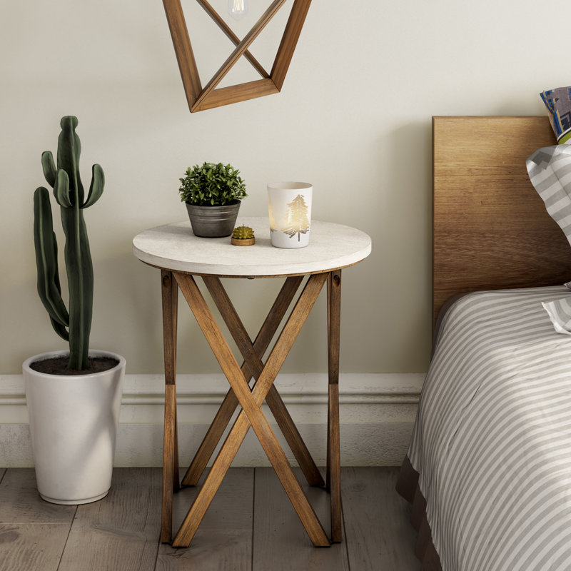 Millwood Pines Moty Rustic Round Rustic End Table, Distressed White Top ...