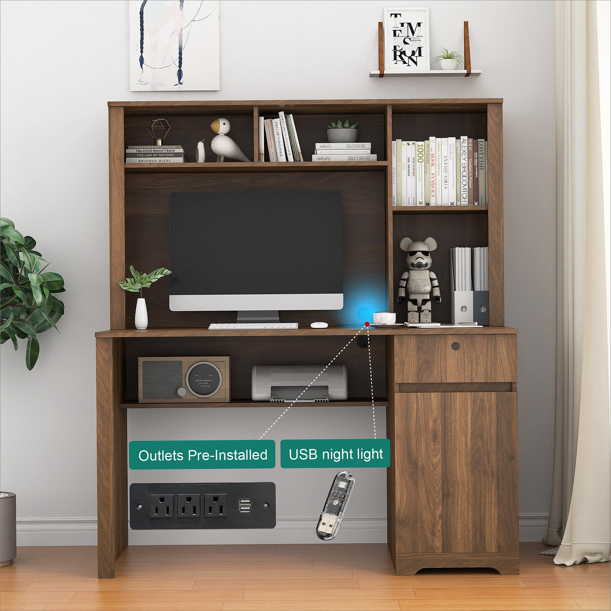Latitude Run® Computer Desk with Hutch & Bookshelf,Wood Executive Desk ...