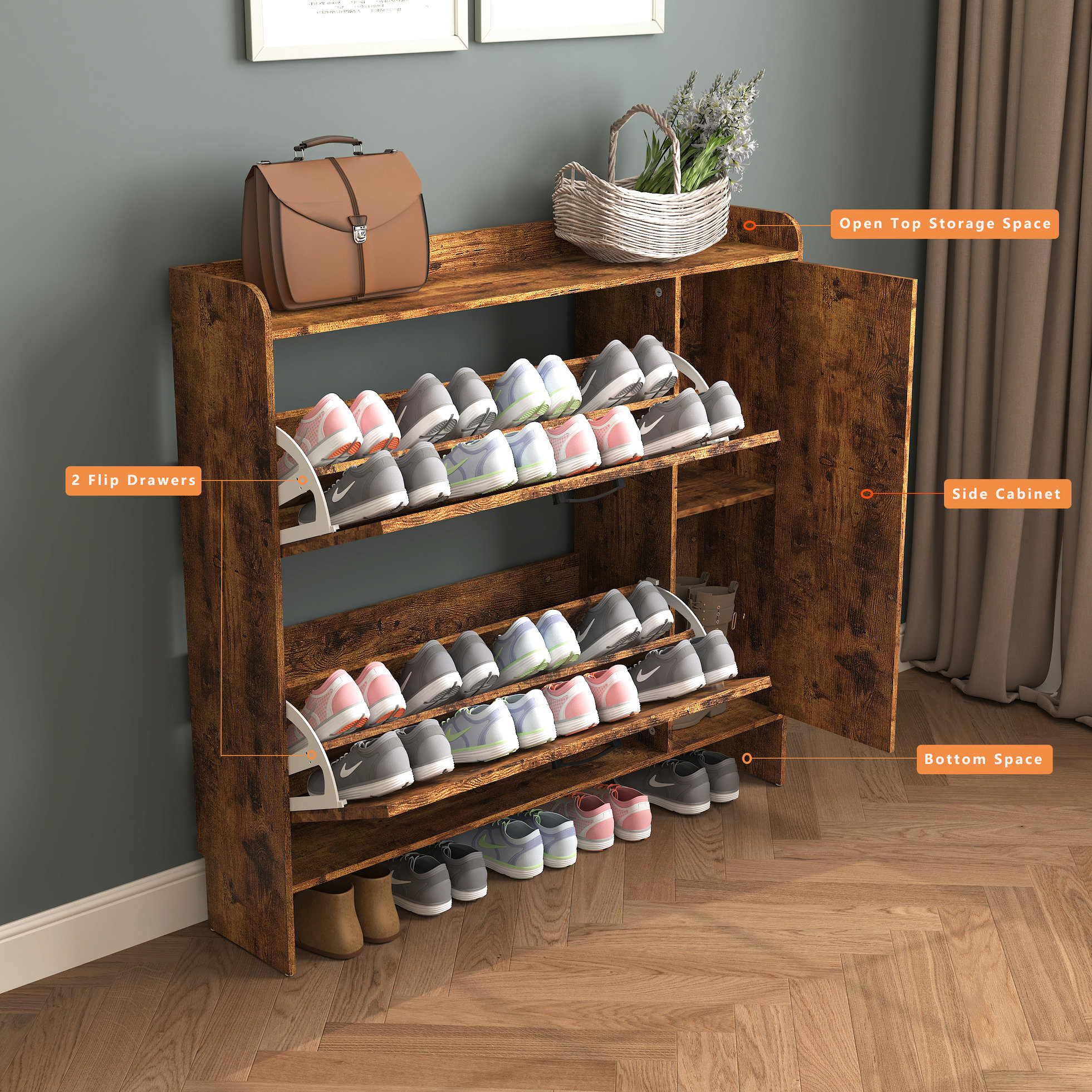 Latitude Run® Large Capacity Flip Drawers Shoe Organizer In Rustic ...