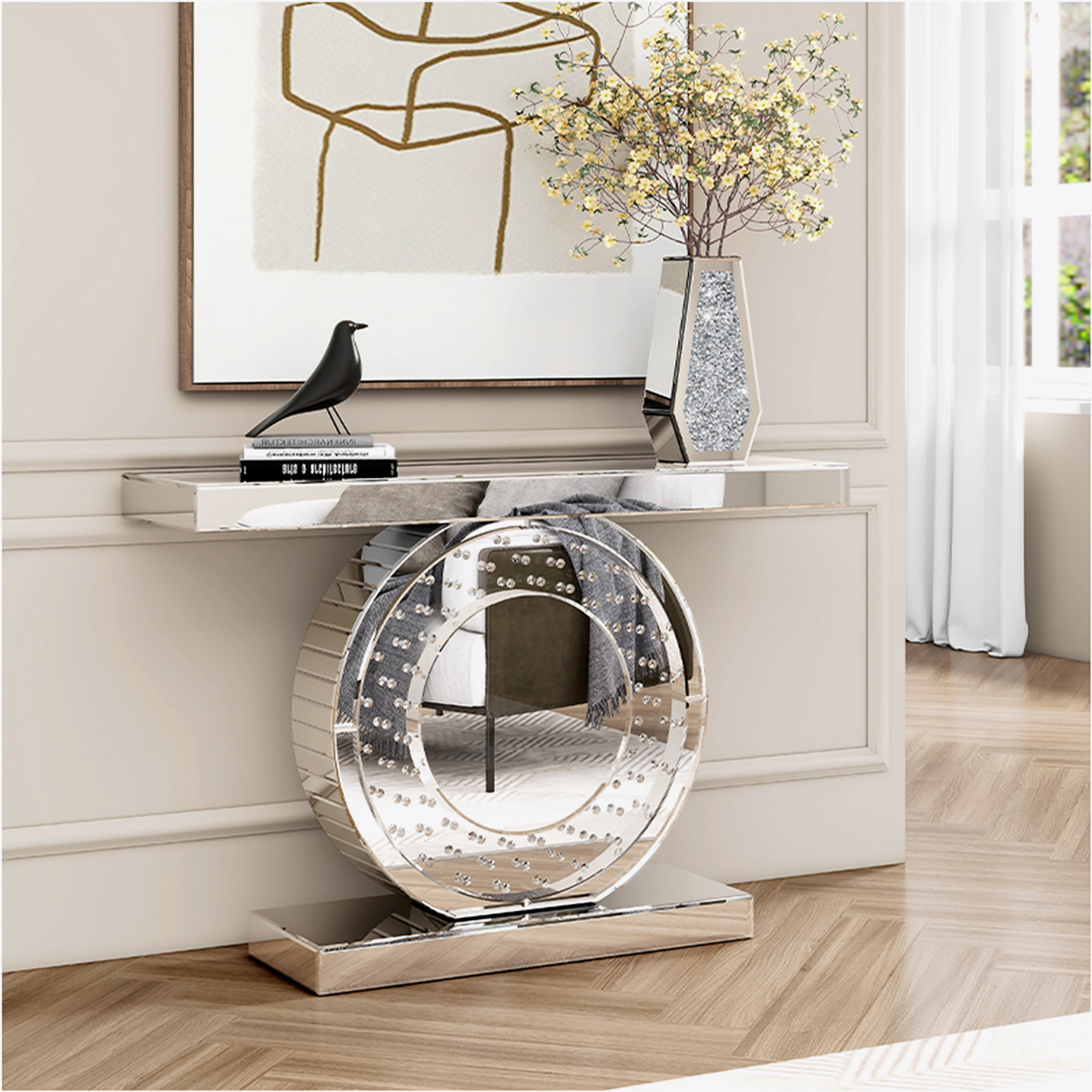 Mercer41 47.2'' Mirrored Glass Console Table with Crystal Inlay | Wayfair