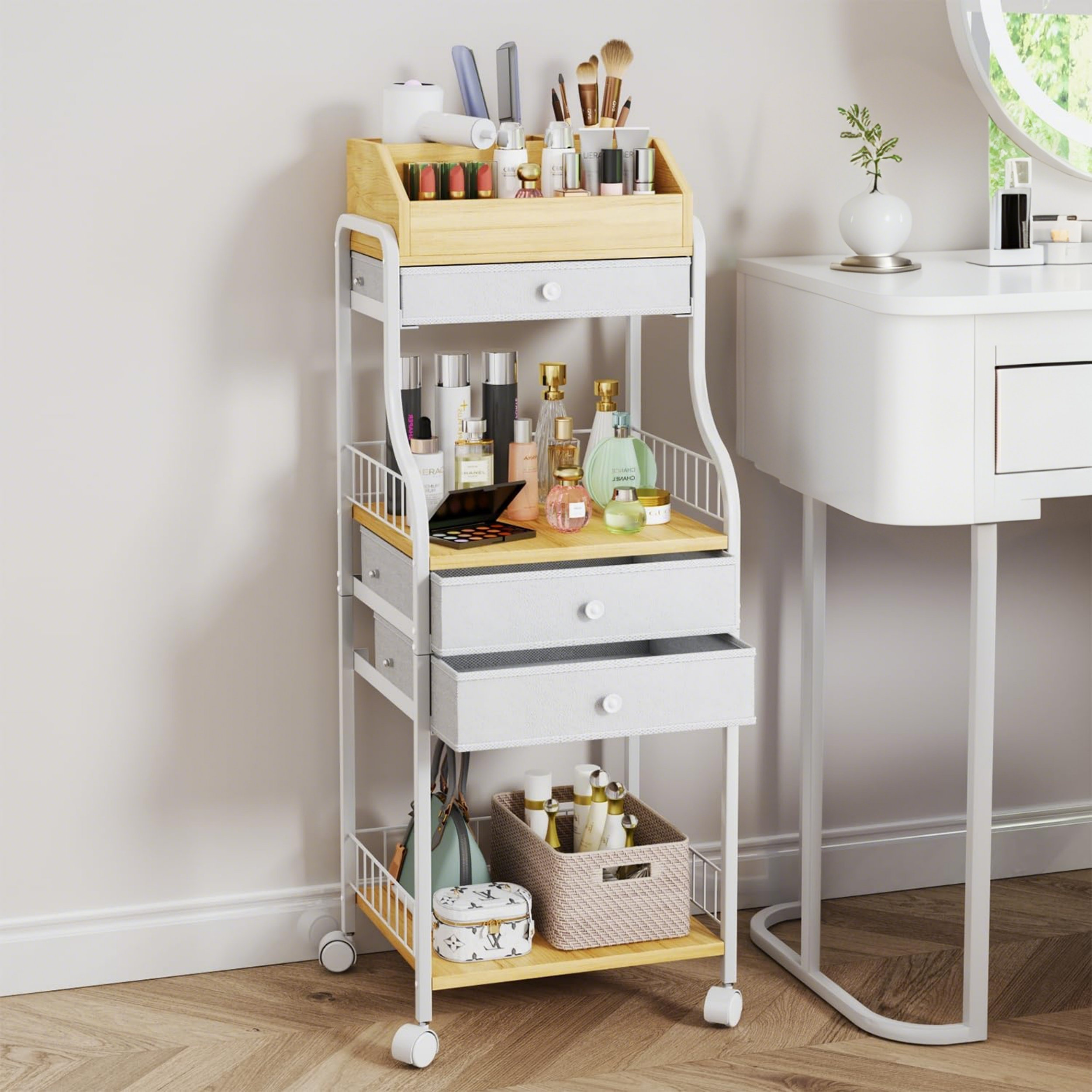 Hokku Designs Floor Makeup Organizer - 6-Section Rolling Vanity Cart ...