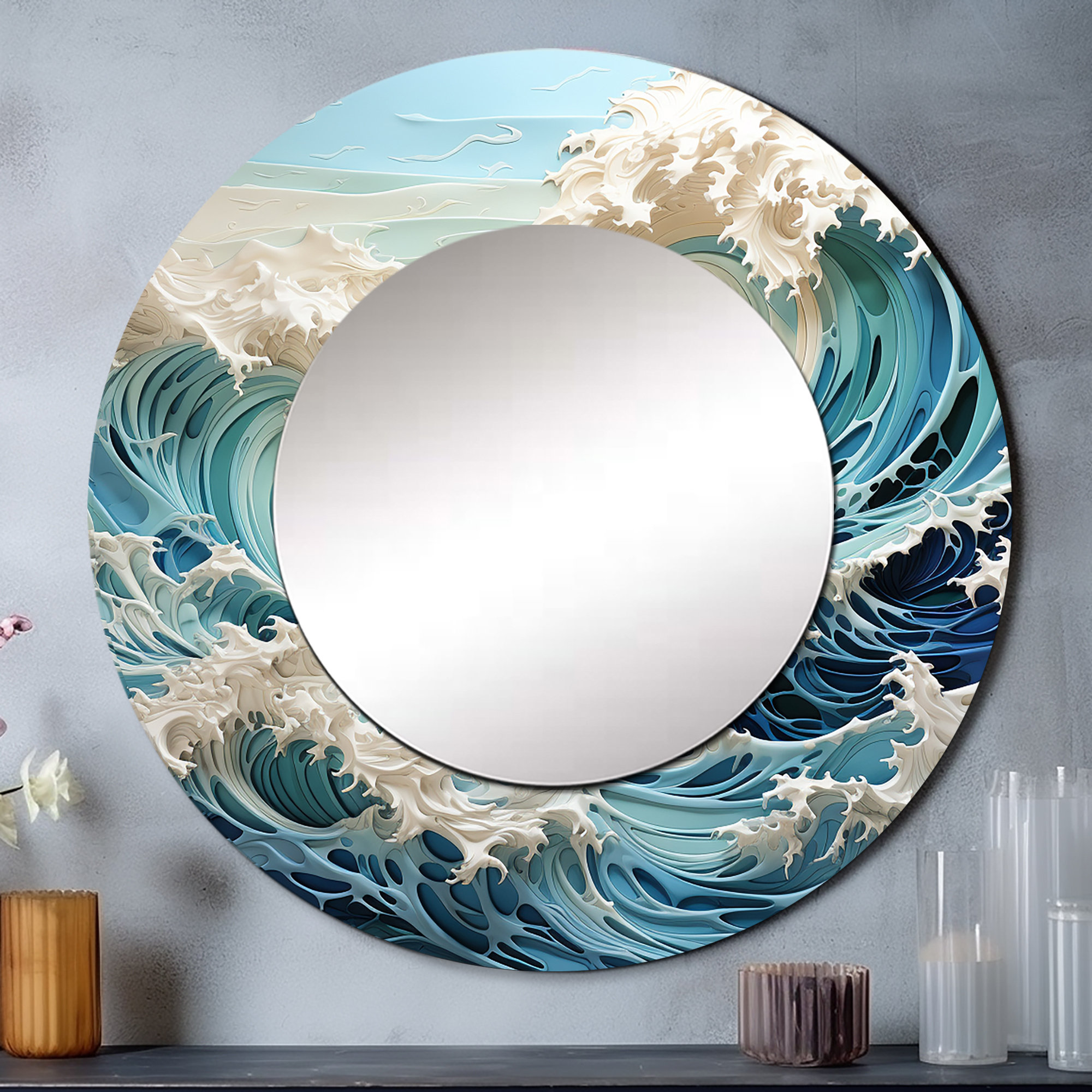 Design Art 'Blue Kinetic Beach Waves I' Round Coastal Metal Mirror For ...