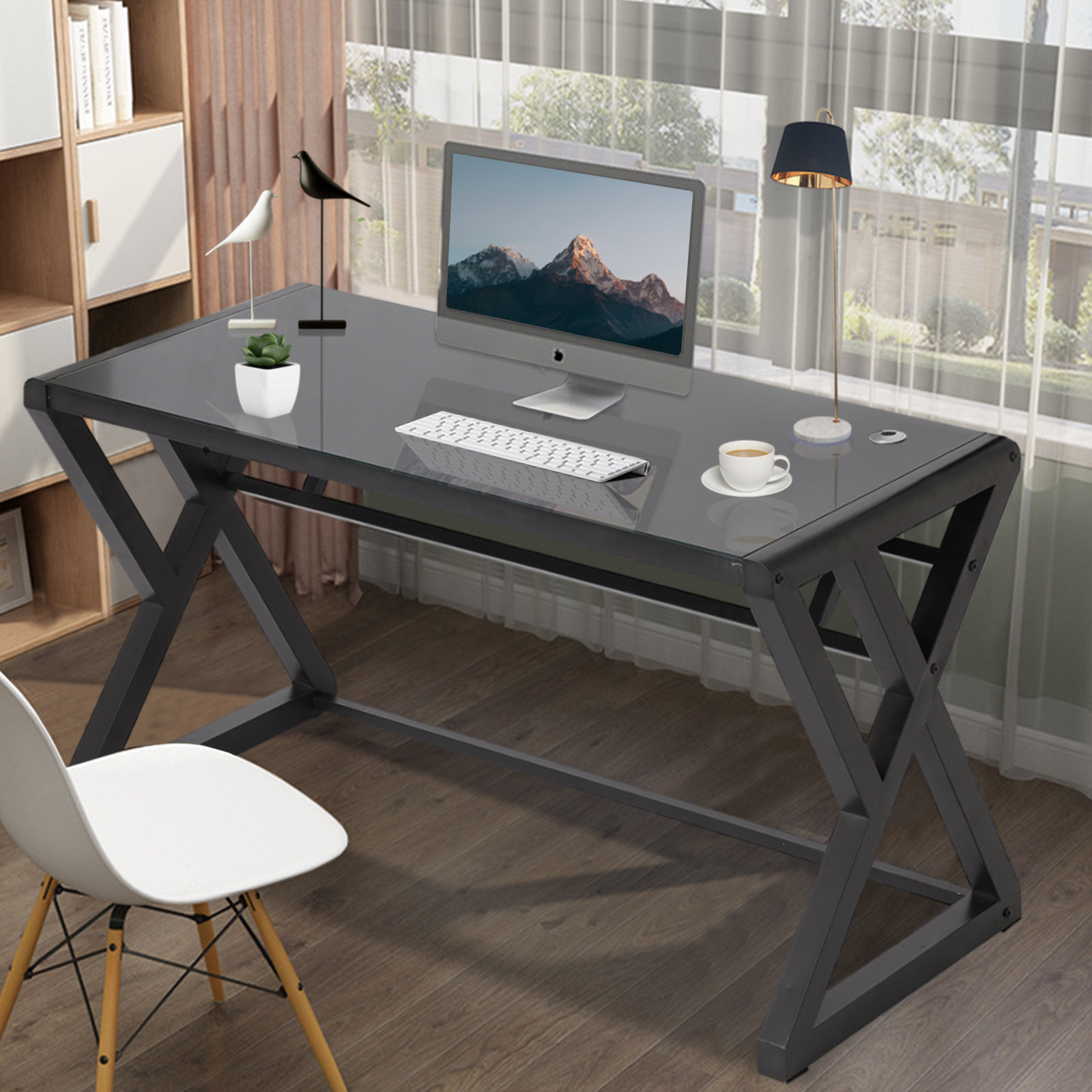 Ebern Designs Onawa Glass Top Metal Base Computer Desk | Wayfair