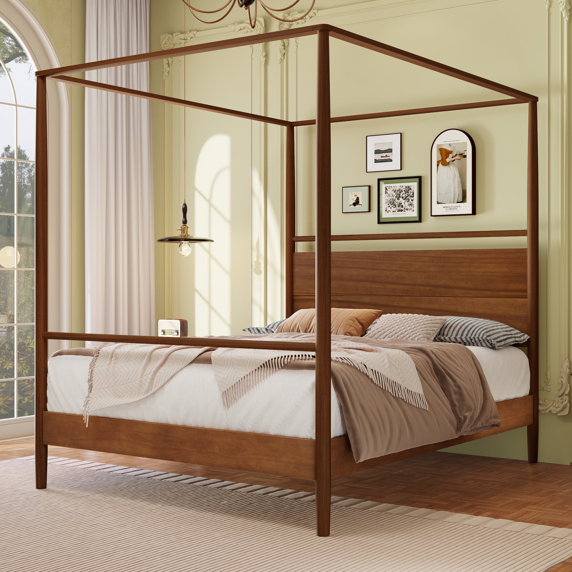 Ebern Designs Mid-Century Walnut Solid Wood Canopy Bed, Four Posters ...