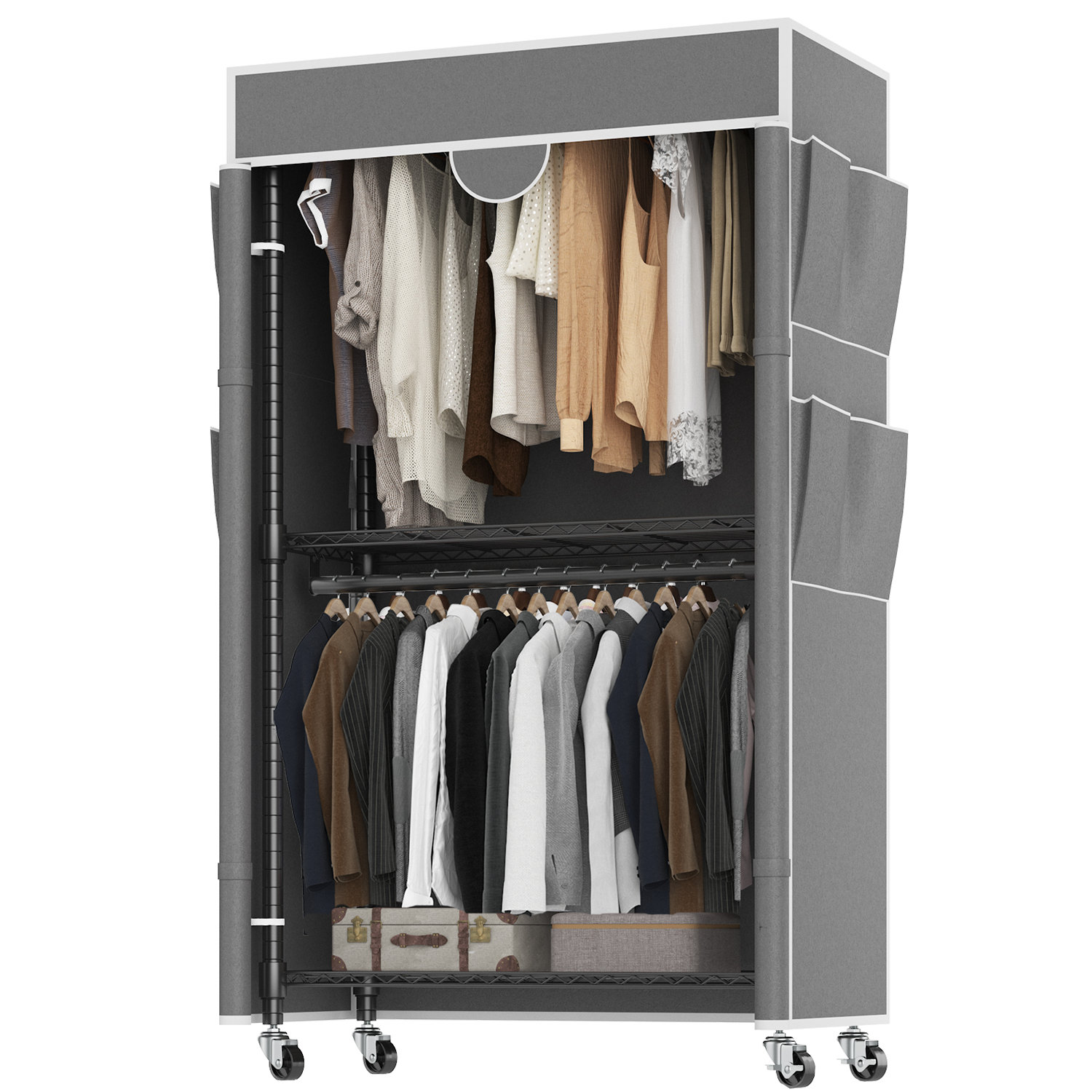 Rebrilliant Rolling Garment Rack With Cover, Heavy Duty Clothing Rack ...