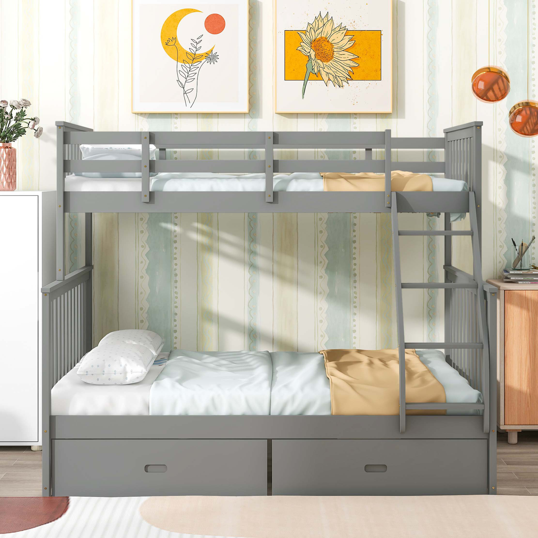 Harriet Bee Bunk Bed With Storage Drawers, Wooden Bunk Bed With Ladder ...