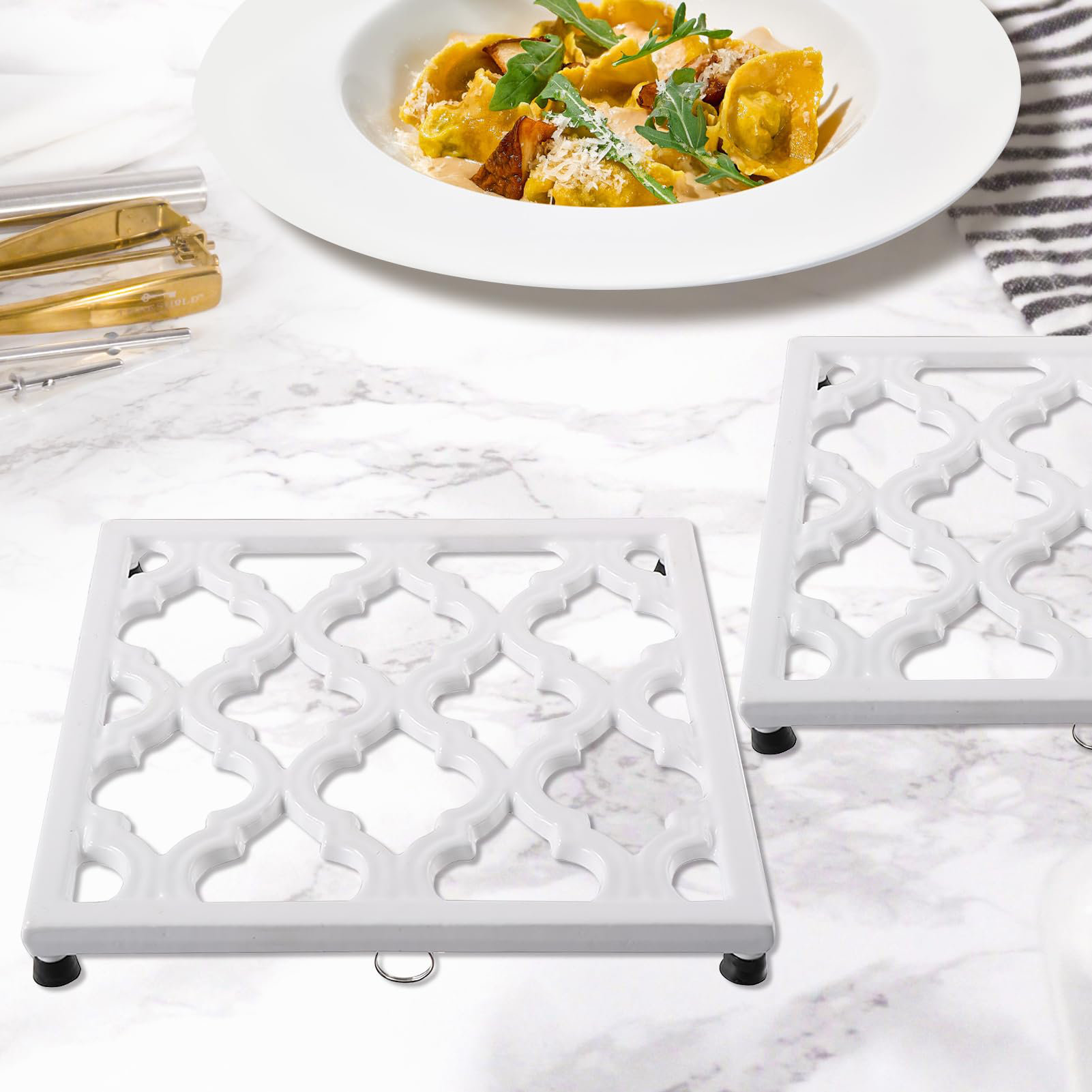 wanmo Square 2Pack Cast Iron Trivet, White Metal Trivets For Kitchen Dining, Hot Pot Holder Hot ...