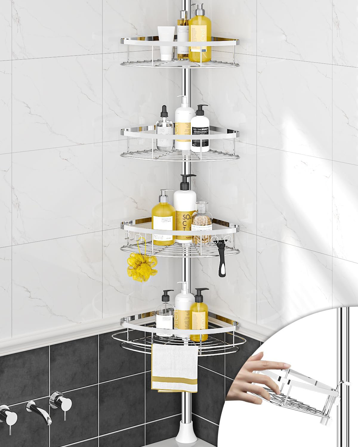 Rebrilliant Adjustable Tension Pole Corner Shower Caddy - Rustproof 4-Tier Bathroom Organizer ...