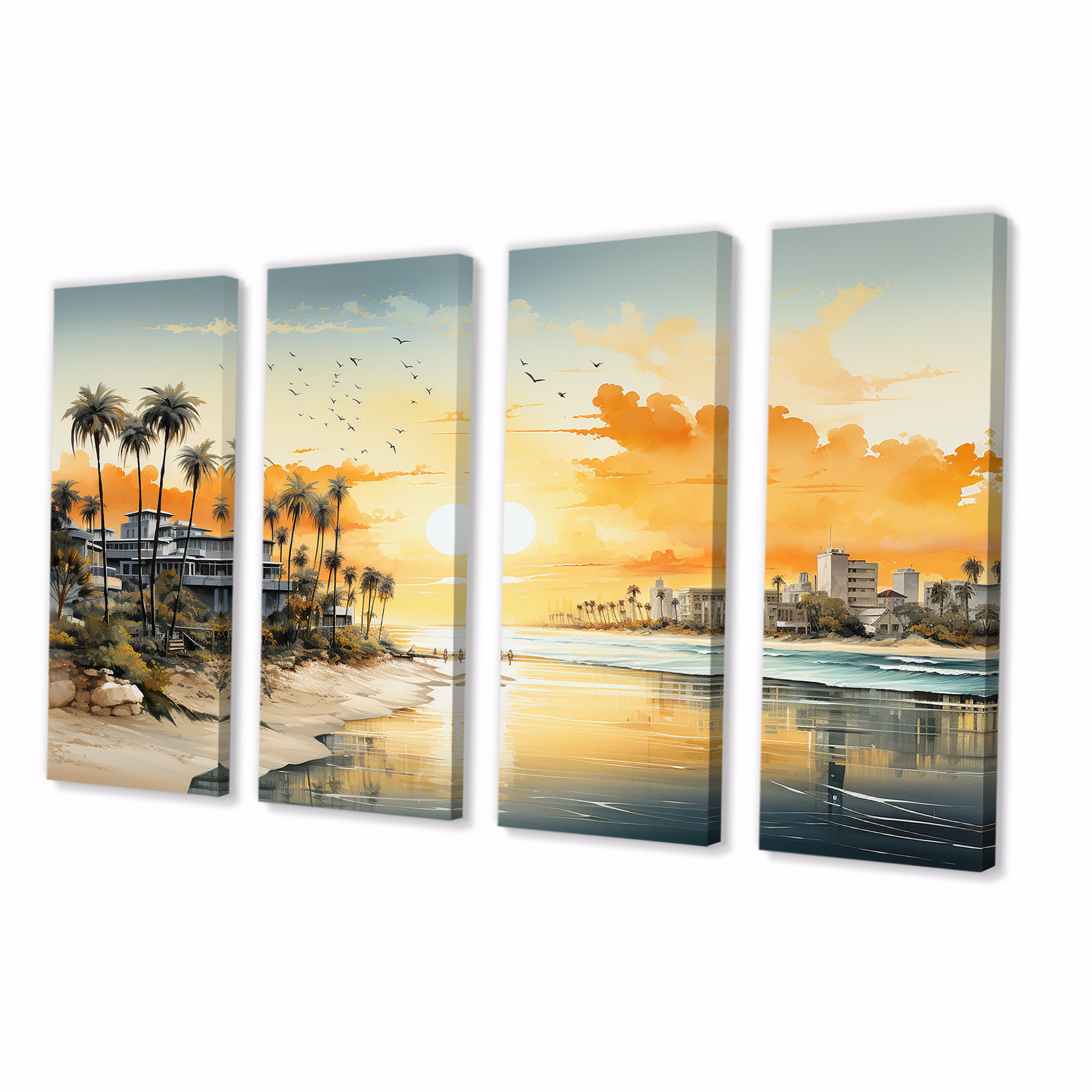 Beachcrest Home Coastal Sunset Cityscape - Coastal Sunset 4 Piece Wall ...