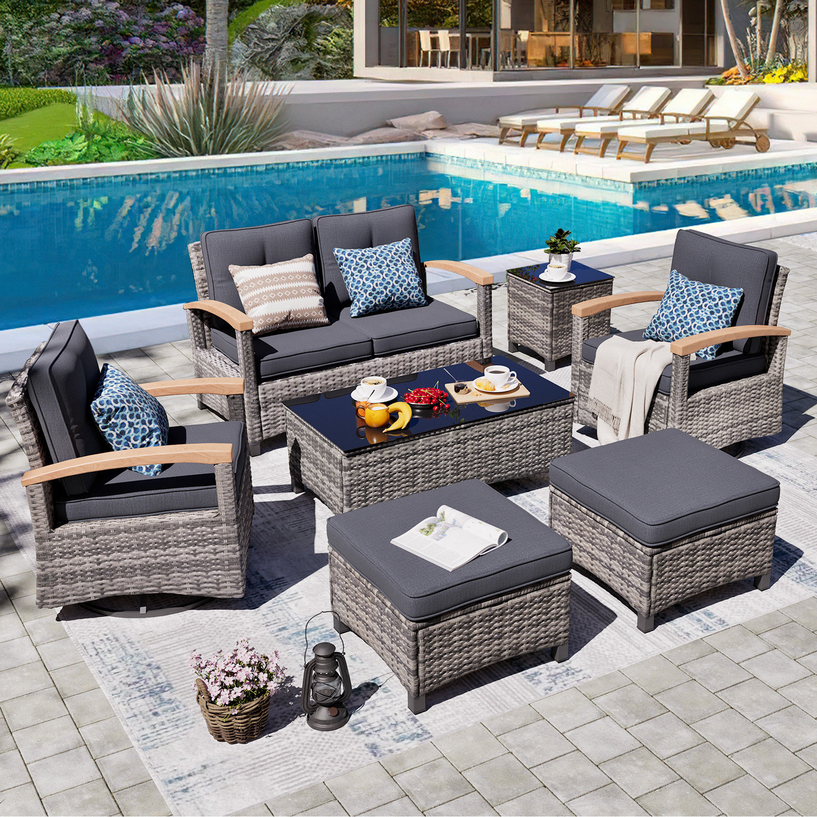 Lark Manor™ 7 Pieces Patio Furniture Sets,Outdoor Rattan Furniture ...