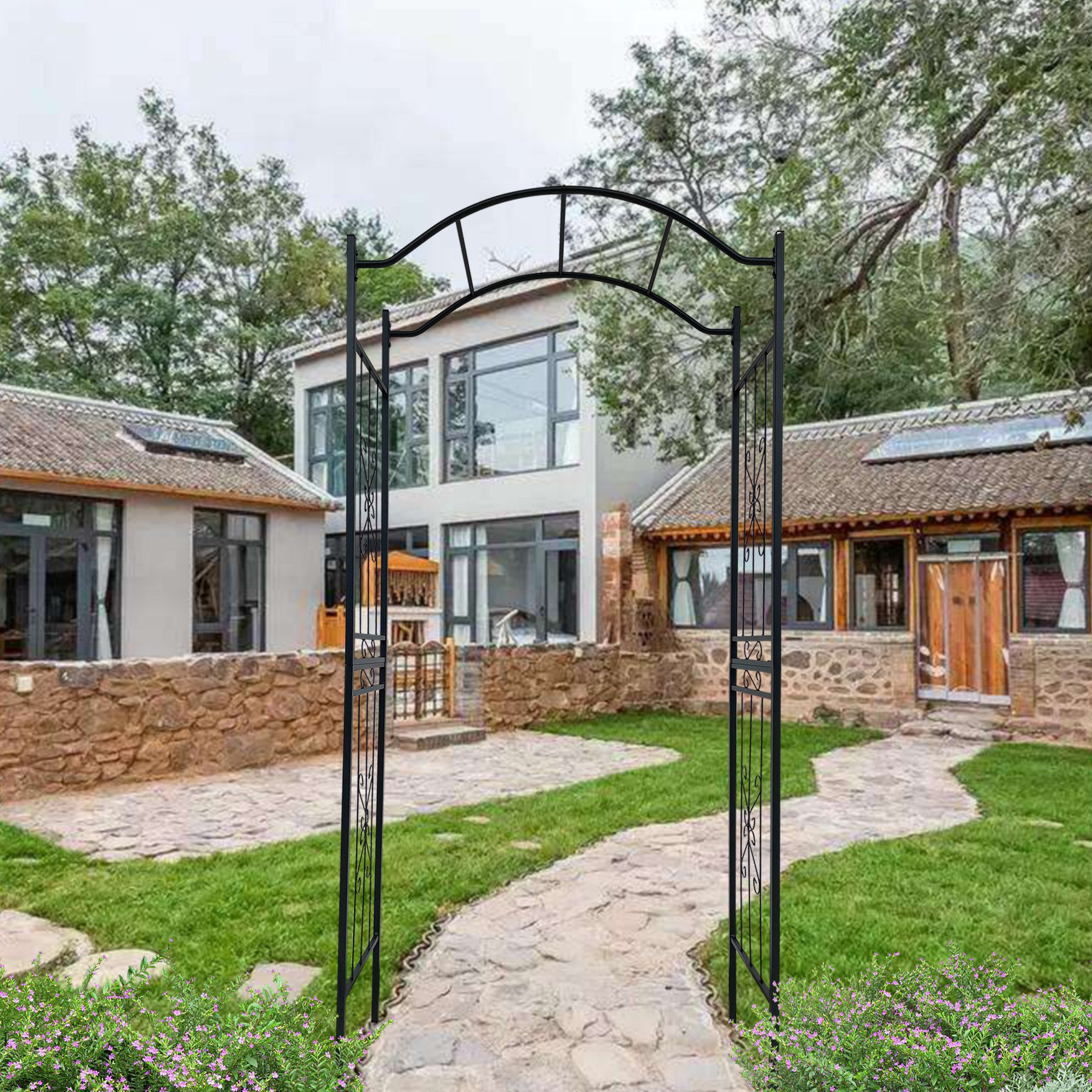 Lark Manor™ Golupka Metal Garden Arch with black powder coated Climbing ...