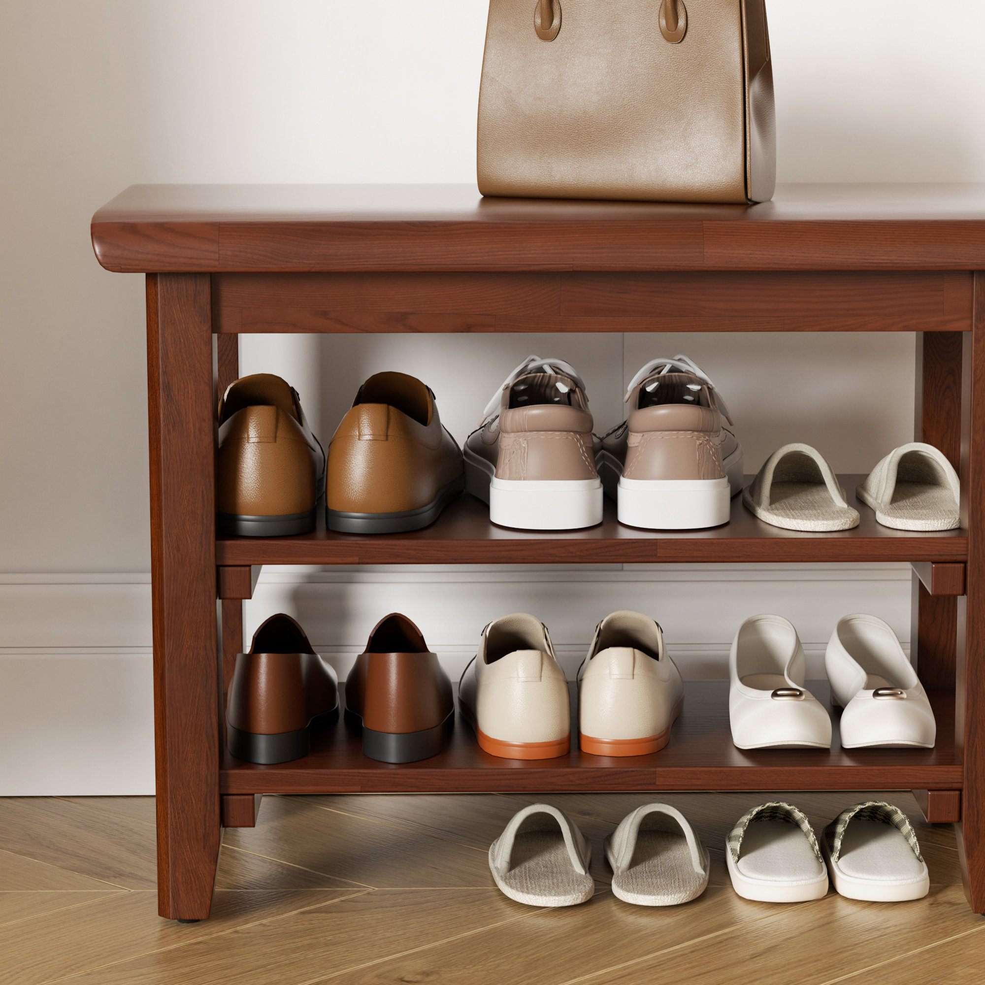 Alcott Hill® Walnut Finish Solid Wood Shoe Storage Bench | Wayfair