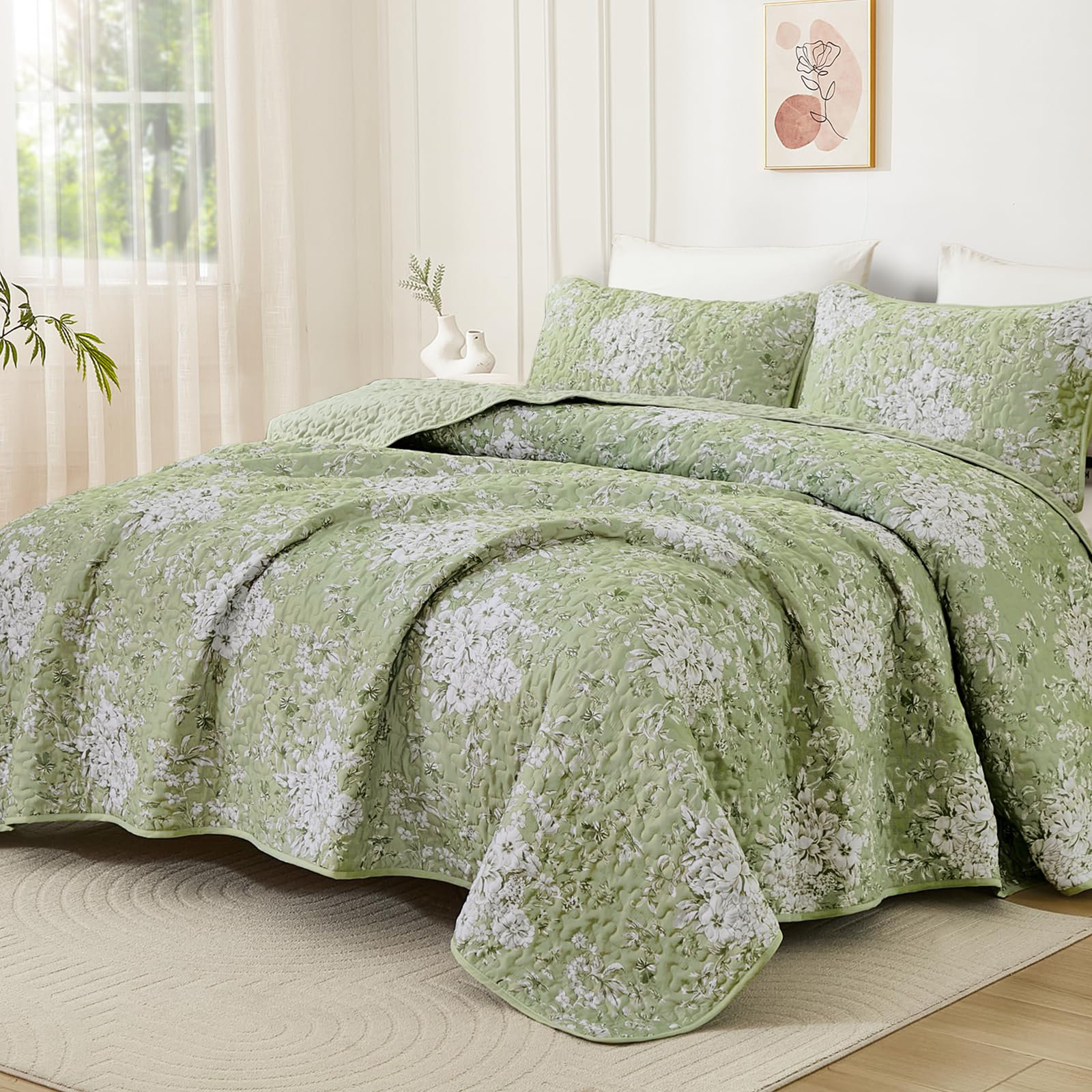 WONGS BEDDING 3-Piece Botanical Quilt Set with Pillowcases Lightweight ...
