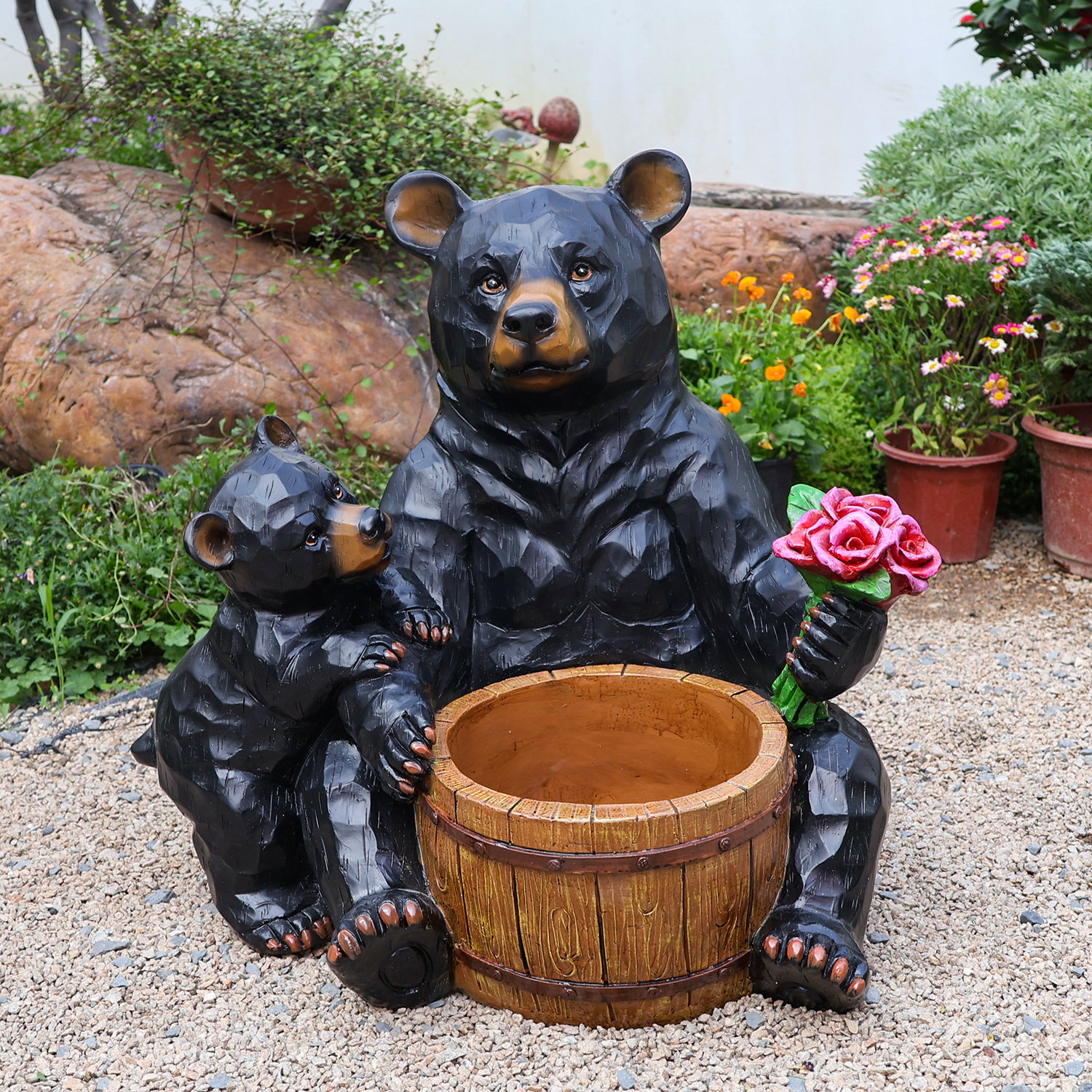 Trinx Bear Statue Garden Welcome Planter - Outdoor Large Unique Bear ...