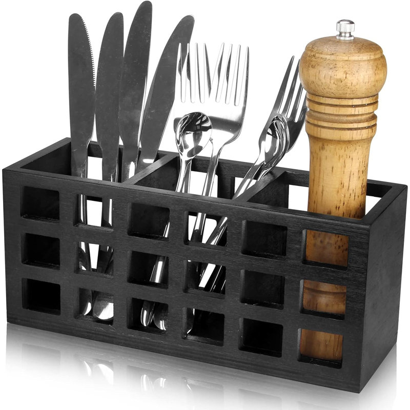 Latitude Run® Farmhouse Wooden Silverware Utensil Caddy Cutlery Holder ...