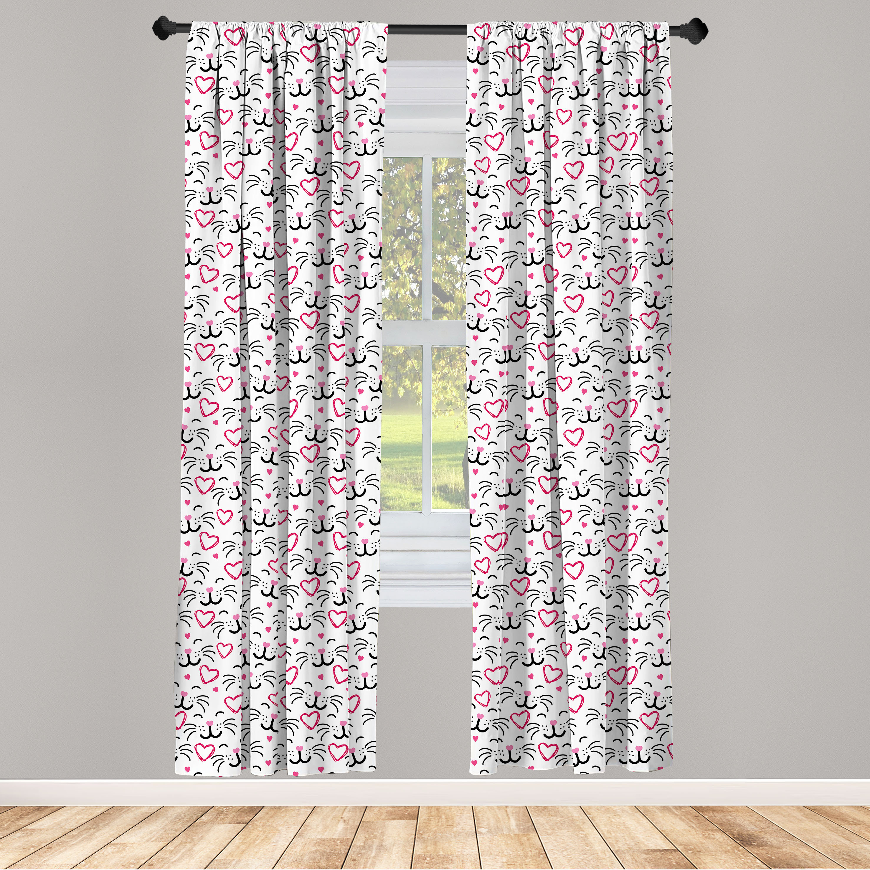 Dovecove Kittens 4-Panel Curtains, Funny Cat Faces and Hearts, Pink ...